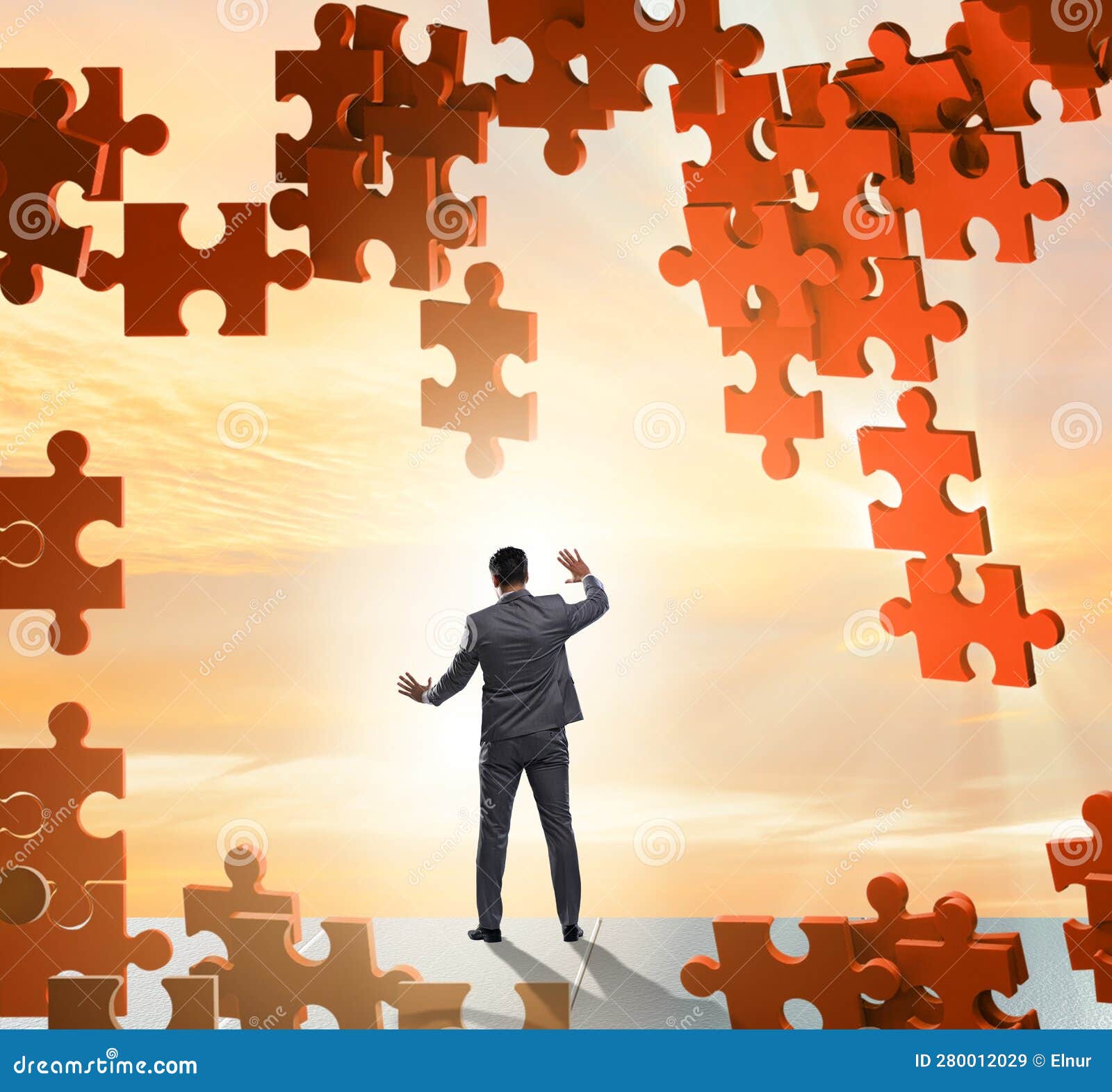 Businessman Breaking the Wall of Jigsaw Puzzle Stock Image - Image of ...
