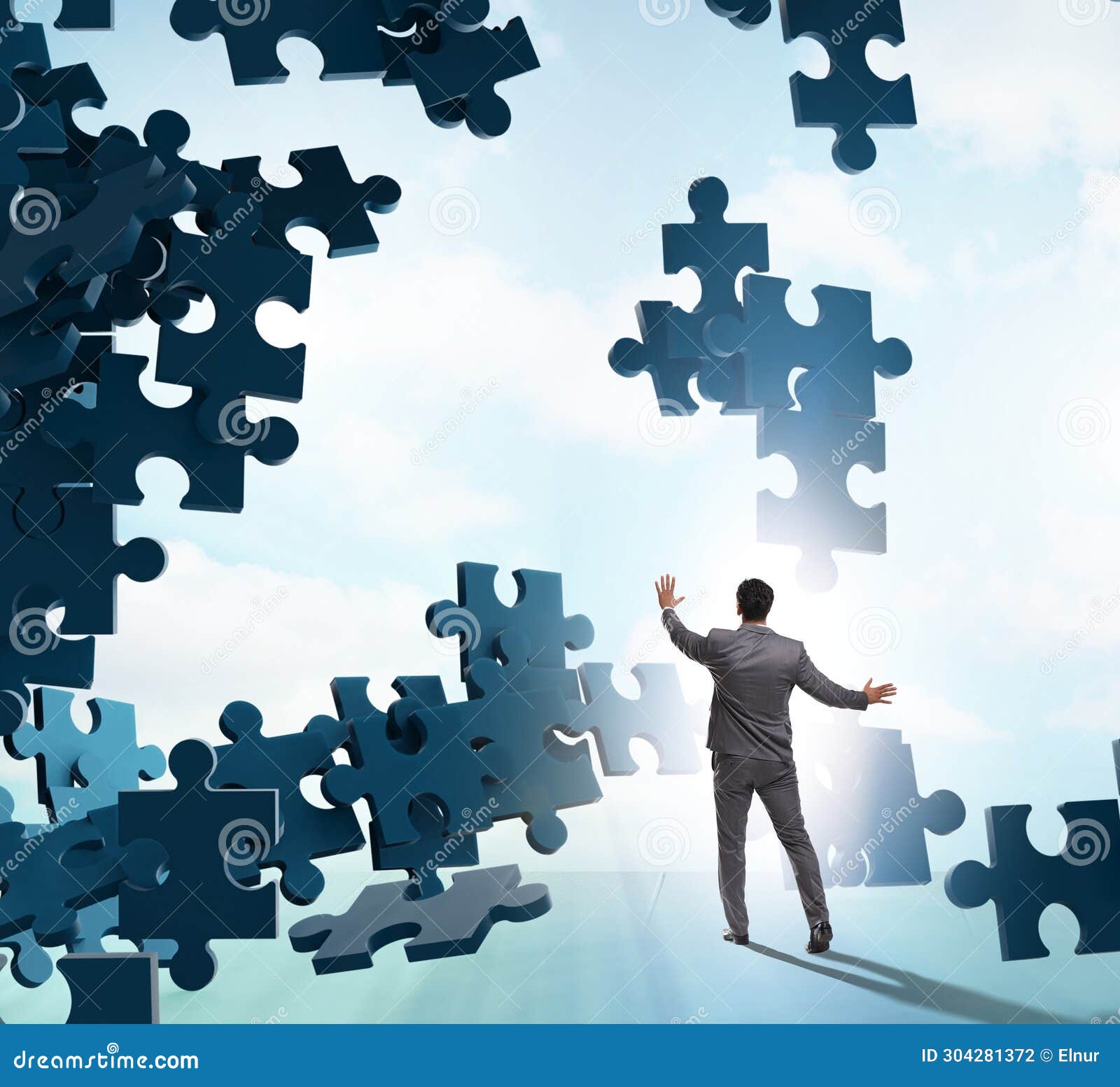 Businessman Breaking the Wall of Jigsaw Puzzle Stock Photo - Image of ...