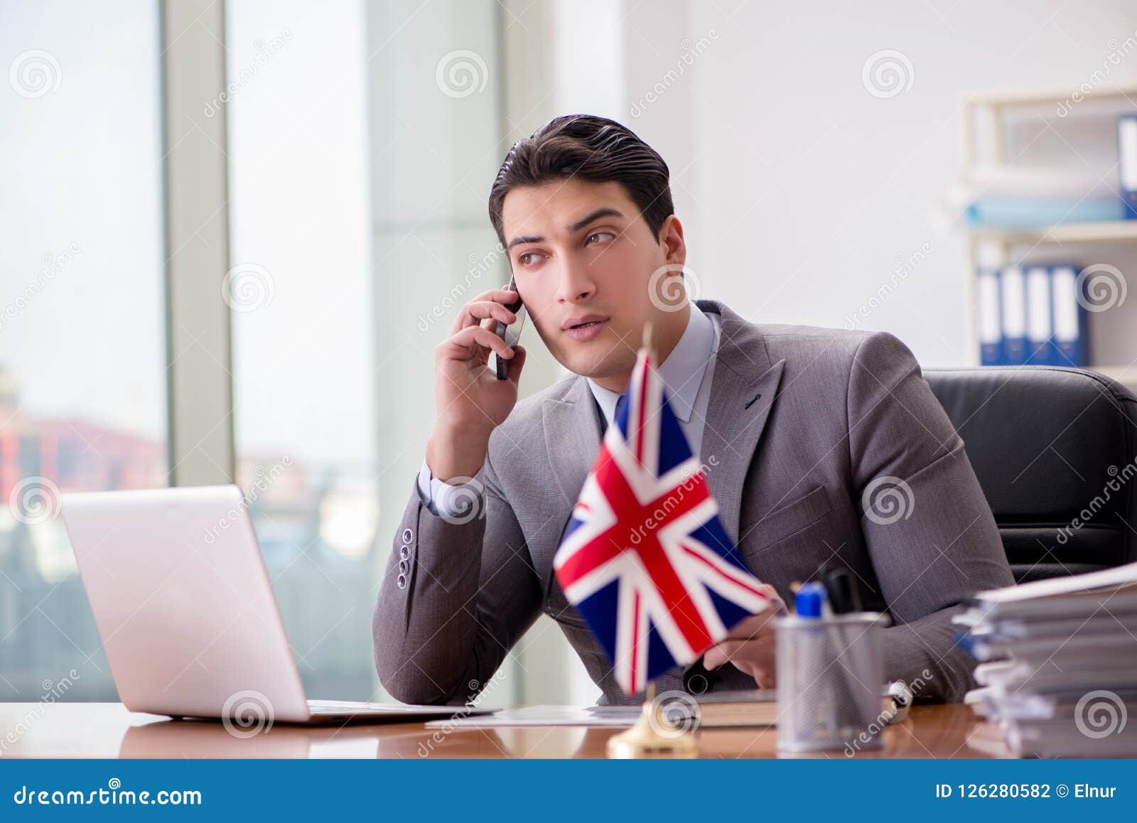 The Businessman with British Flag in the Office Stock Photo - Image of ...