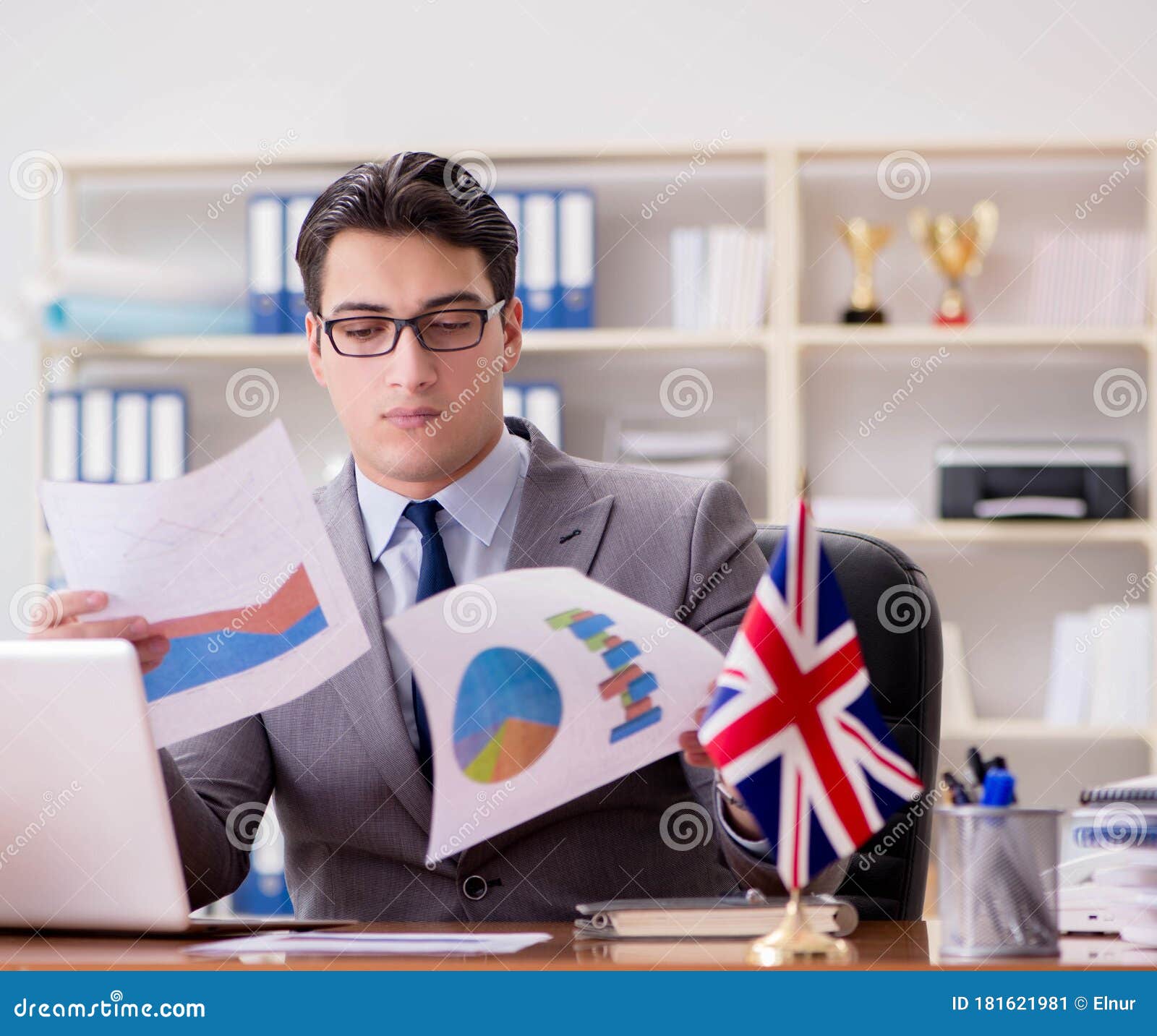Businessman with British Flag in the Office Stock Image - Image of flag ...