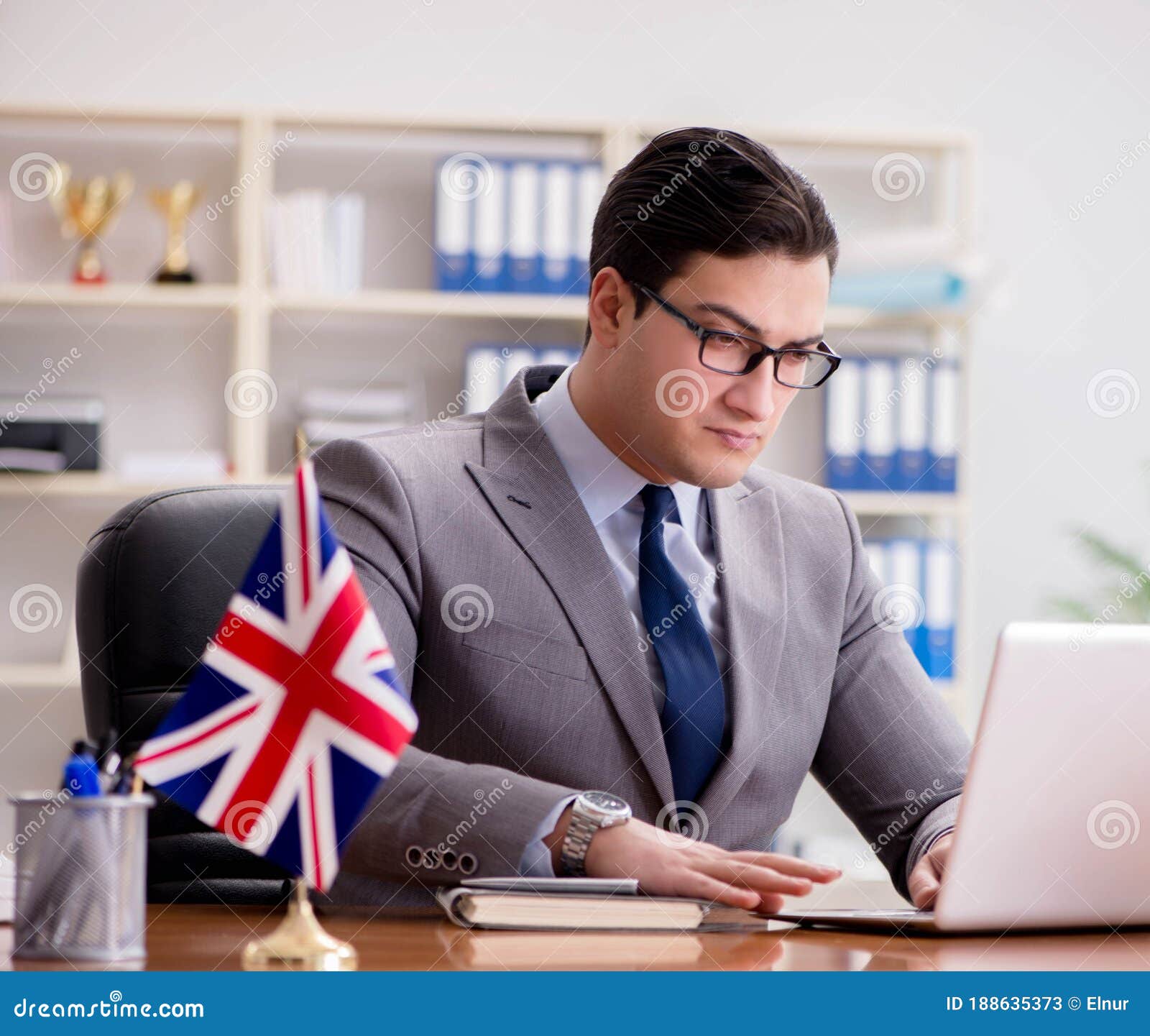 Businessman with British Flag in the Office Stock Image - Image of chat ...