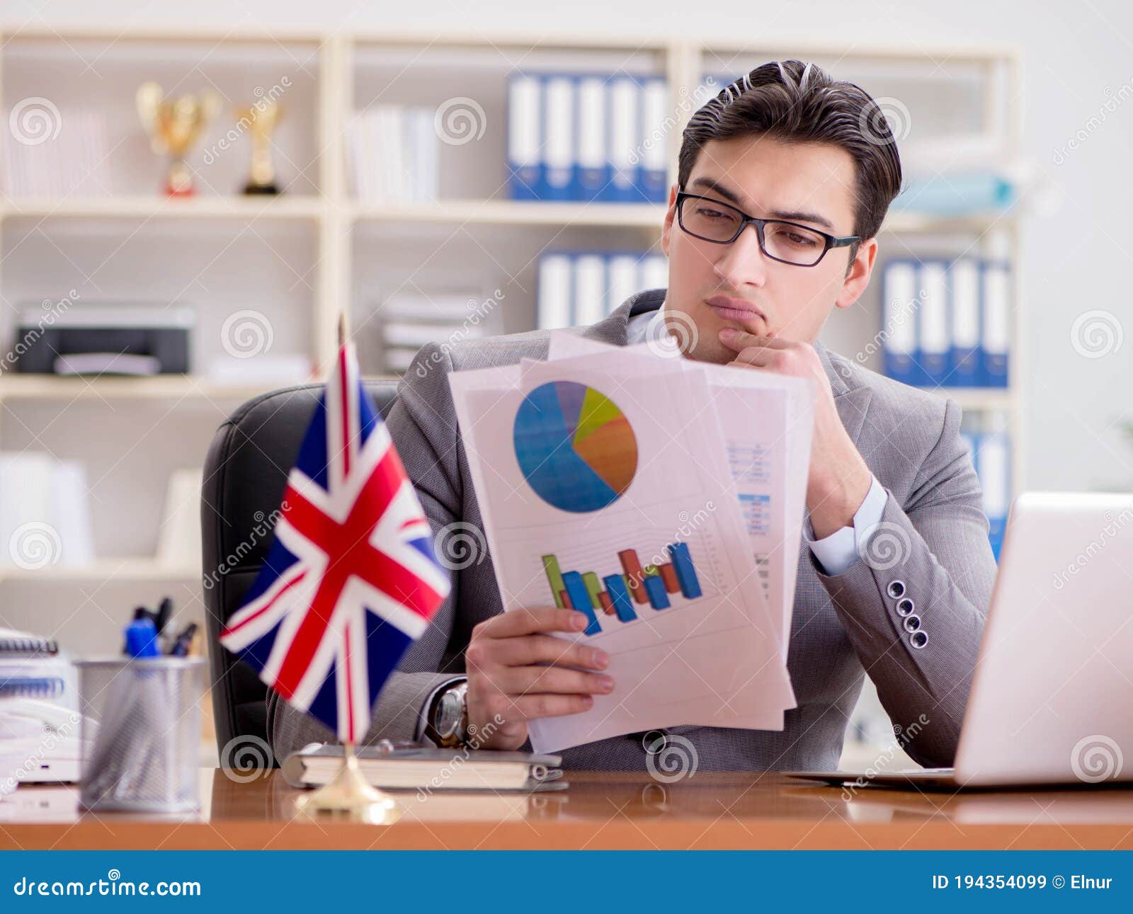 Businessman with British Flag in the Office Stock Image - Image of ...
