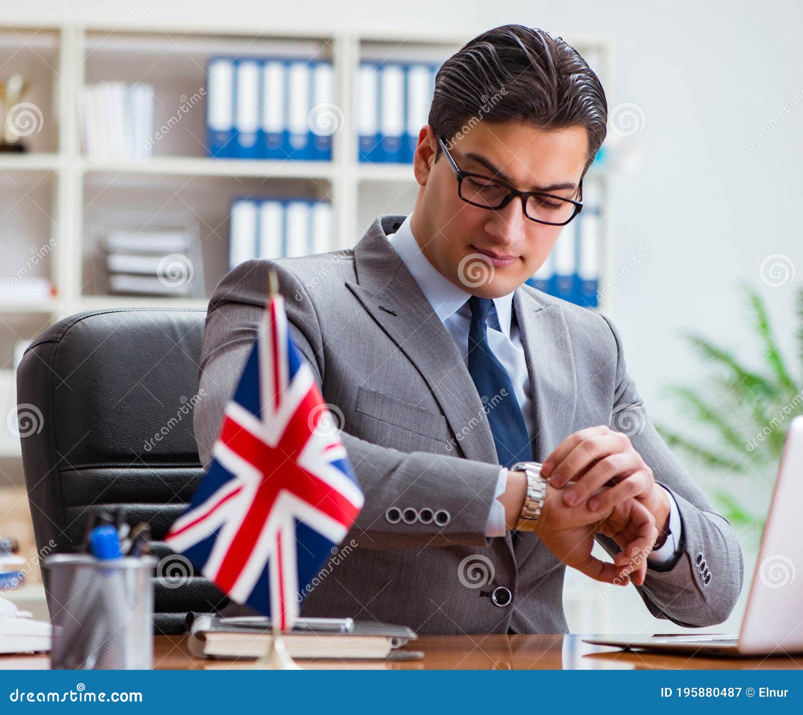 Businessman with British Flag in the Office Stock Image - Image of ...