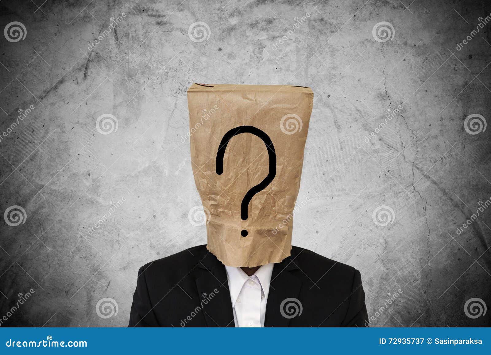 Businessman with Brown Paper Bag on Head, with Question Mark, on ...