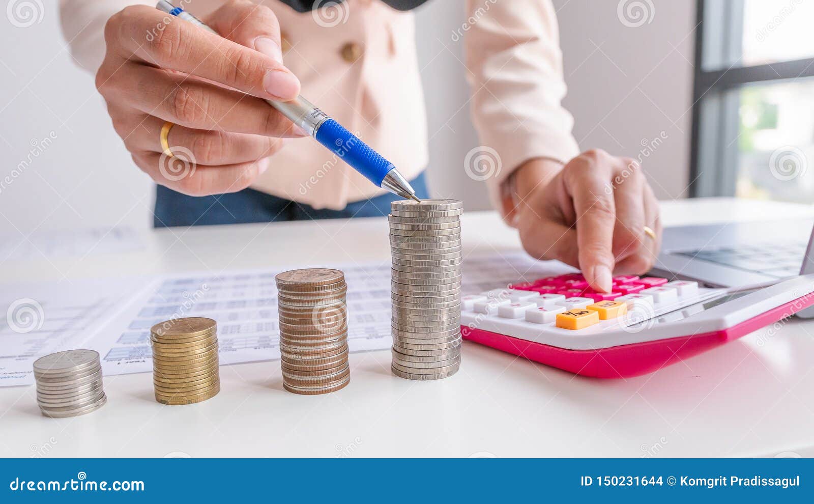 Businessman Calculate And Putting Growth Stacking Coin And Financial ...