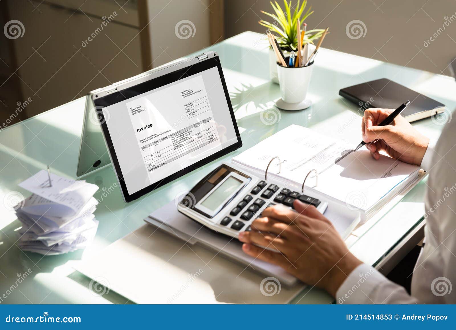 Businessman Calculating Invoice Using Calculator Stock Image - Image of ...