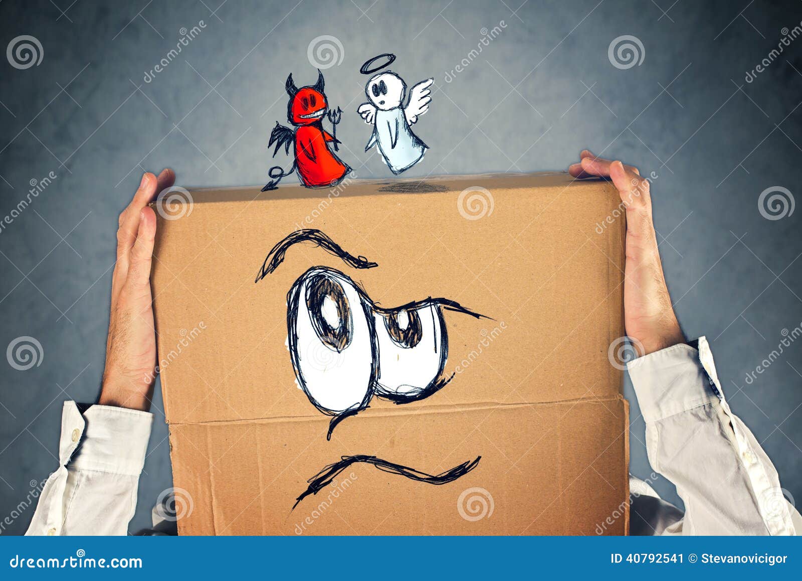 Businessman With A Cardboard Box And Angel And Devil On His Head ...