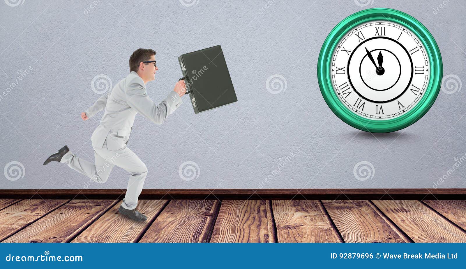Businessman Carrying Briefcase while Running Late with Clock in ...