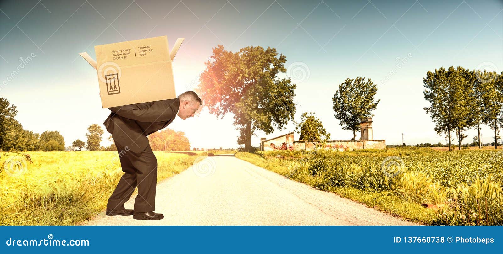 Businessman Carrying Heavy Cardboard Box on Back Stock Photo - Image of ...