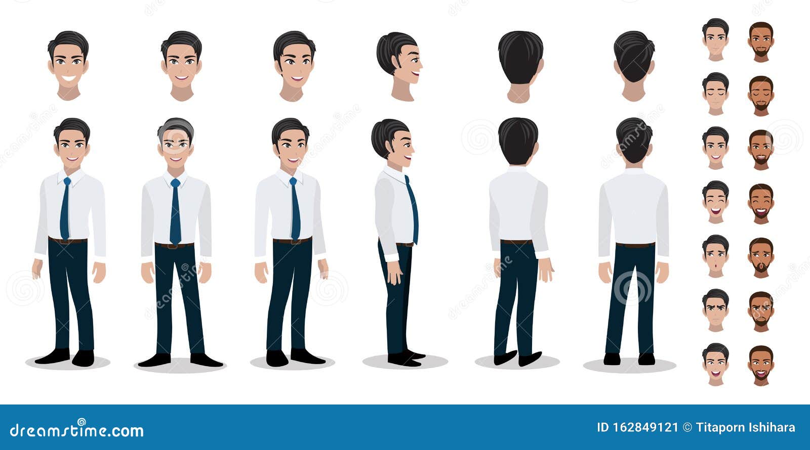 Businessman Cartoon Character Head Set and Animation. Front, Side, Back ...