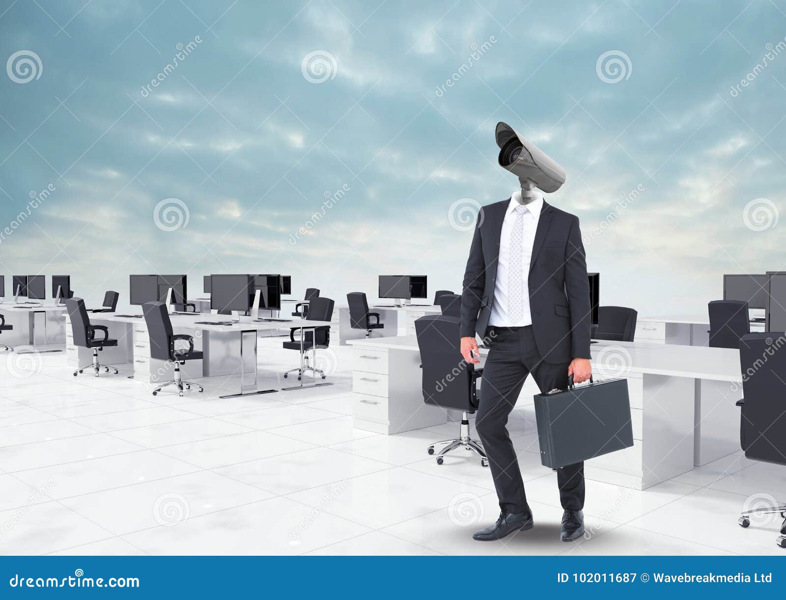 Businessman with CCTV Head at Office in Clouds Stock Image - Image of ...