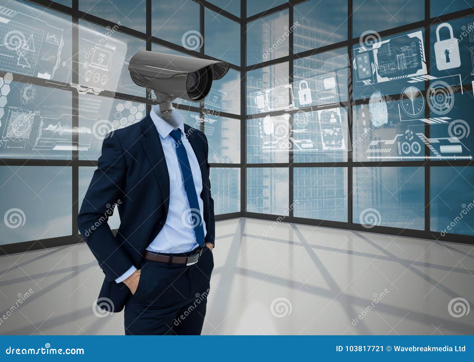 Businessman with CCTV Head at Office with Interface Stock Image - Image ...