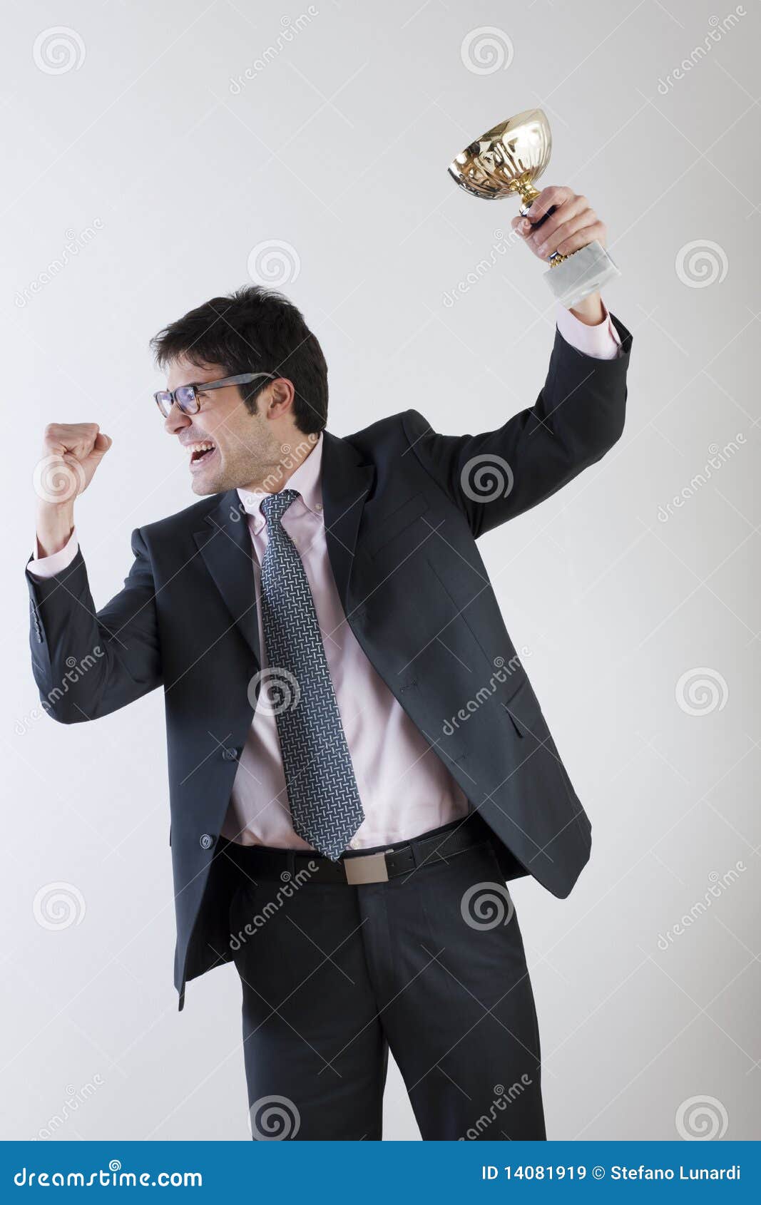 Businessman Celebrating Raising a Cup Stock Image - Image of desk ...