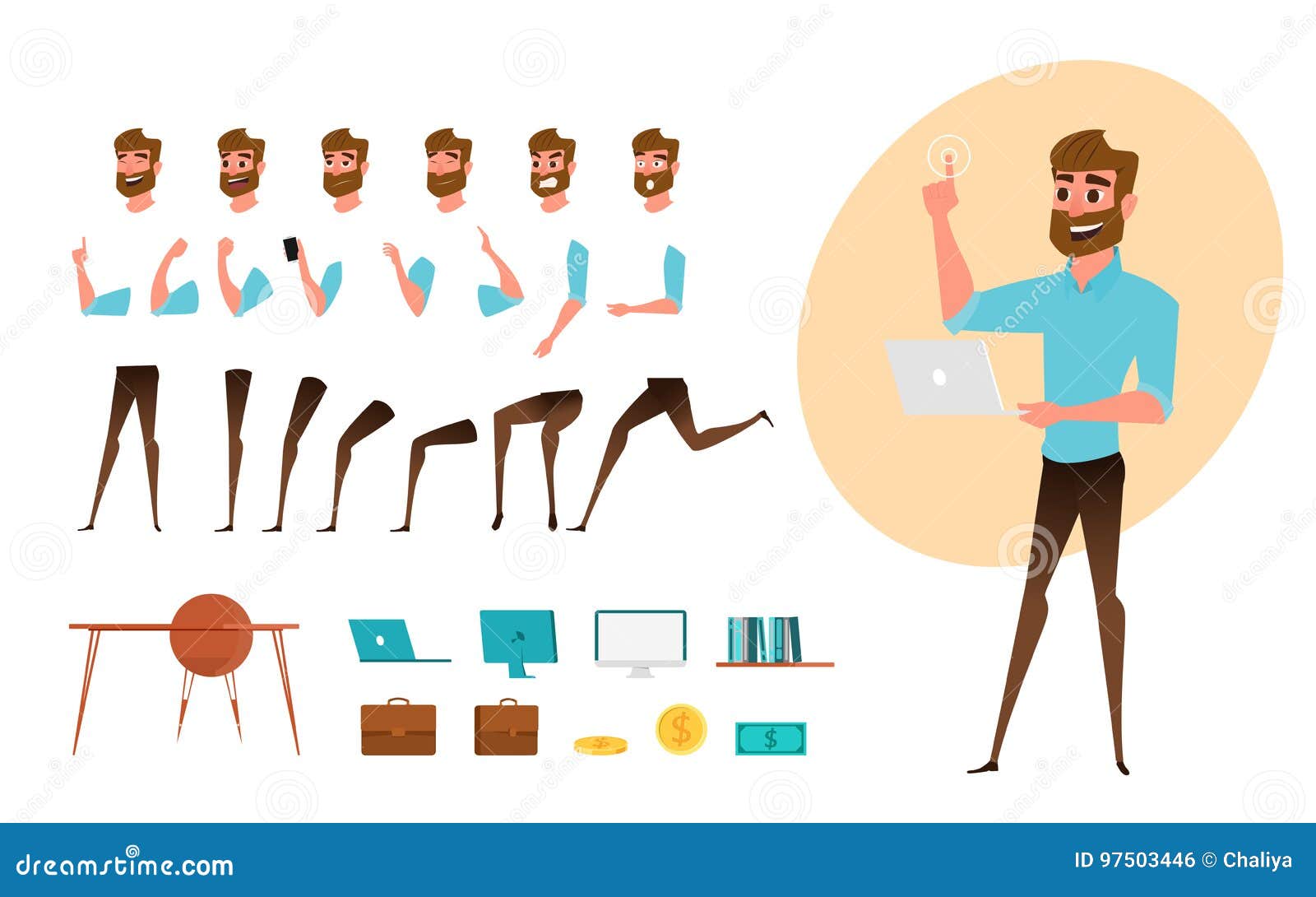 Businessman Character Creation Set For Animation Parts Body Template Different Emotions Poses