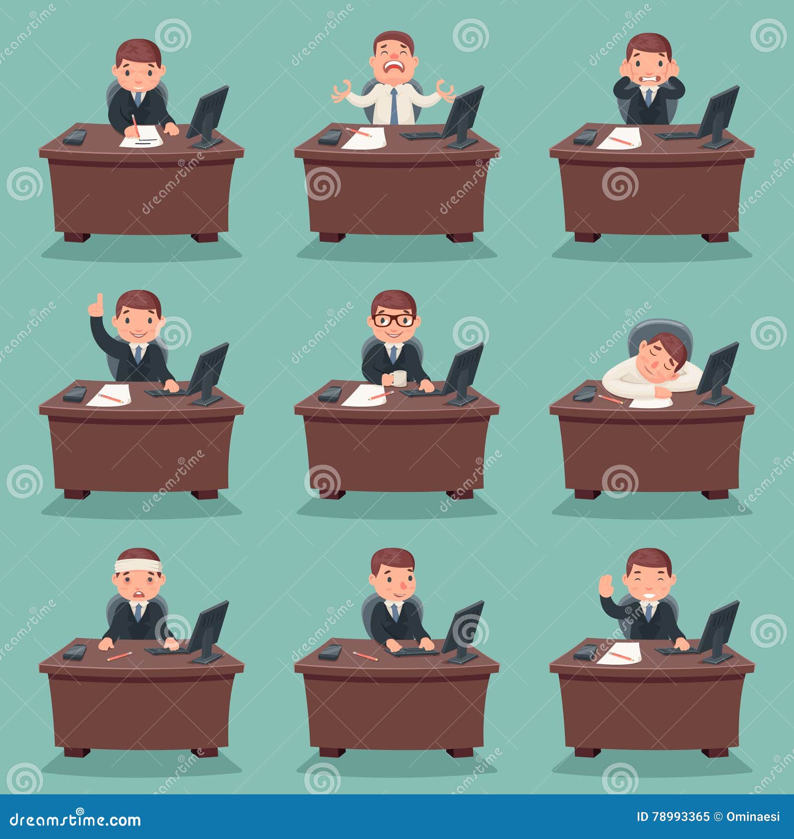 Businessman Character Work Office Desktop Set Cartoon Design Vector ...