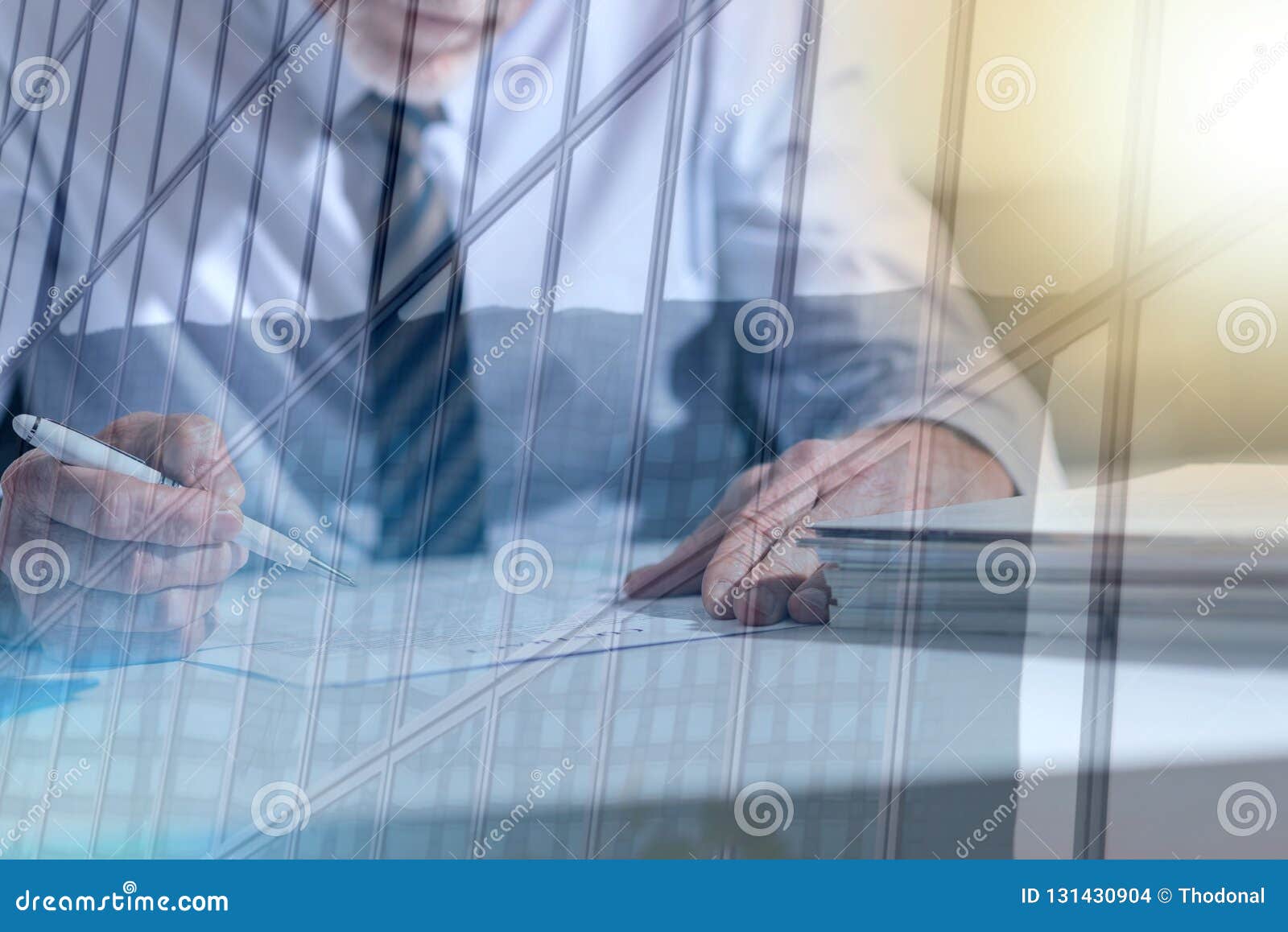 Businessman Checking a Document, Light Effect, Double Exposure Stock ...