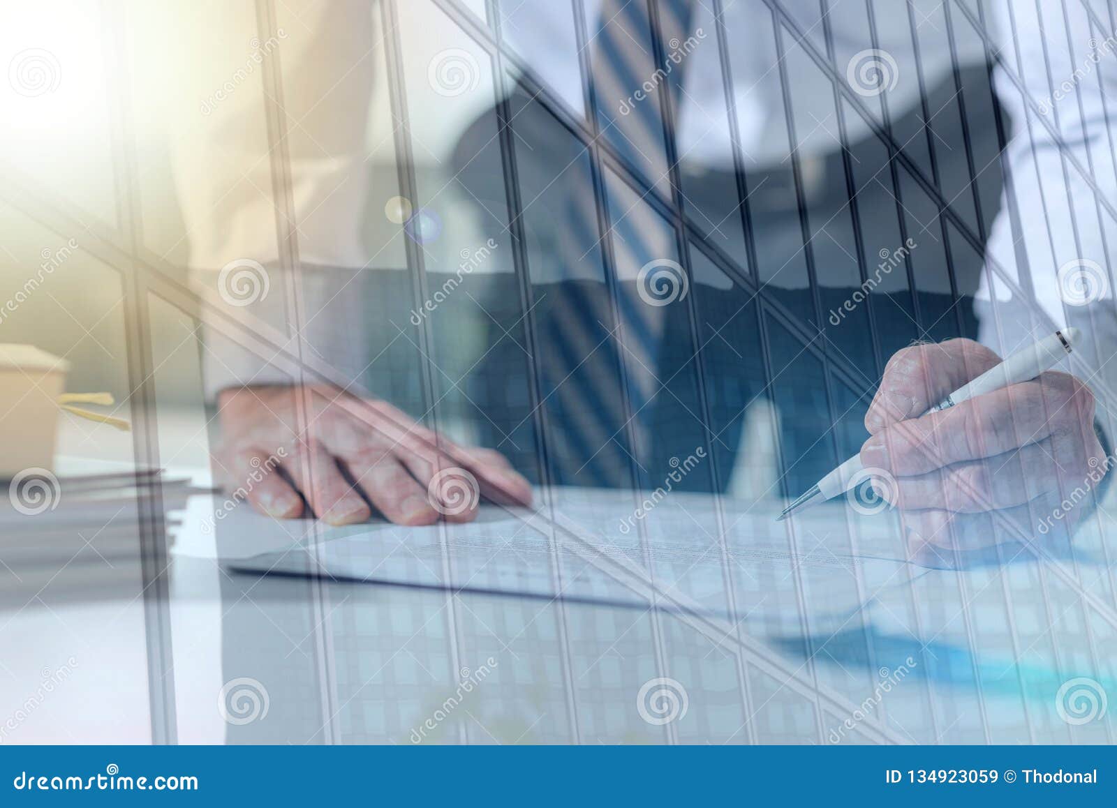 Businessman Checking a Document, Light Effect, Double Exposure Stock ...