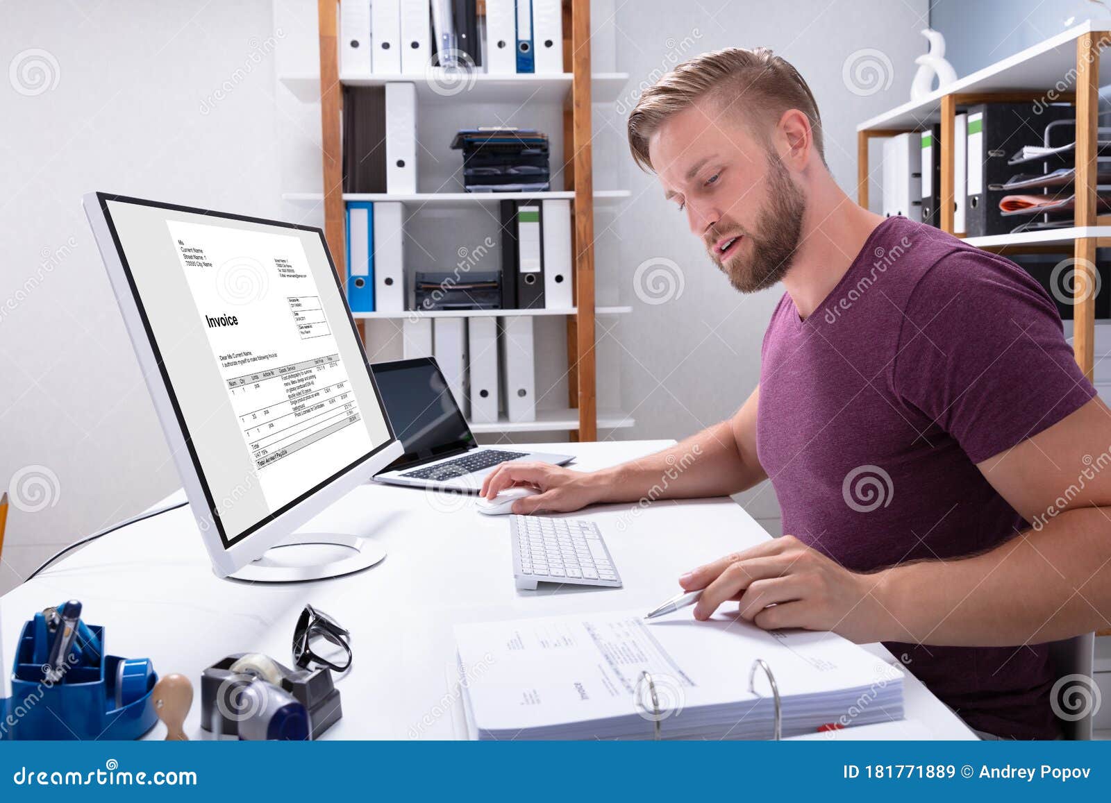 Businessman Checking Invoice on Computer Stock Image - Image of file ...