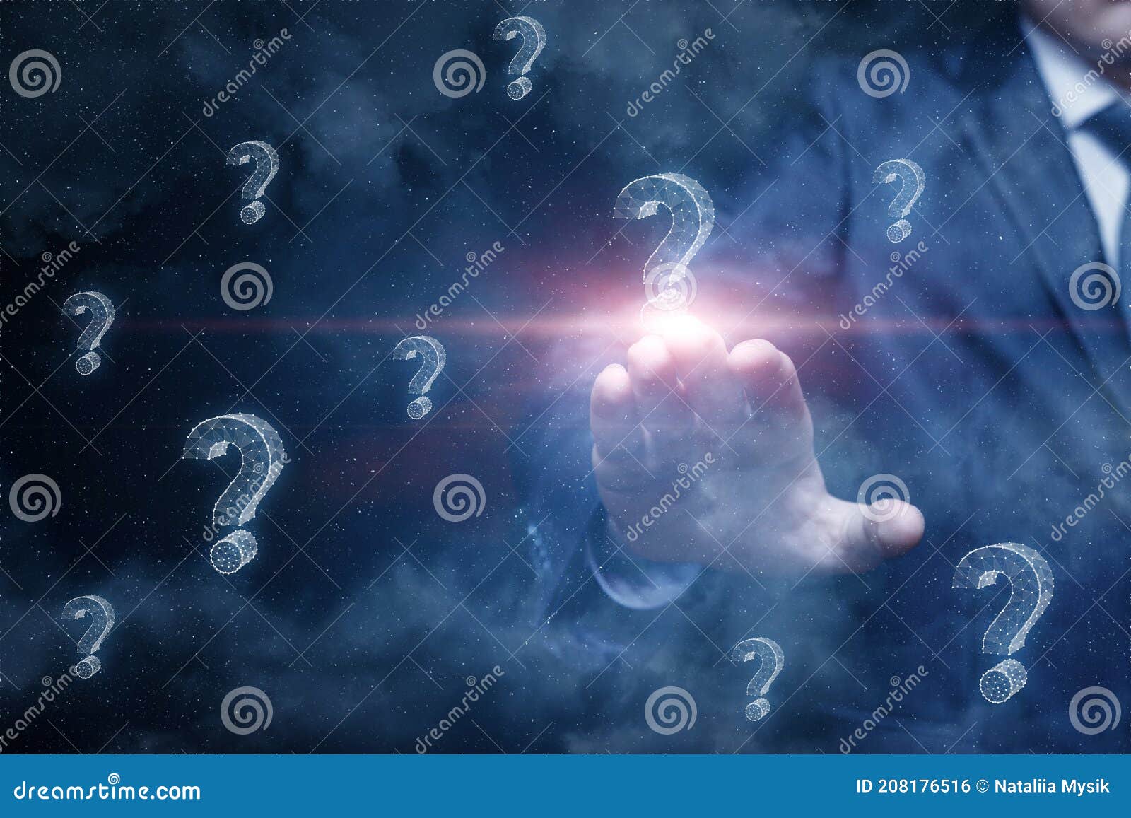 Businessman Clicks Question Mark on Outer Space Background Stock Photo ...