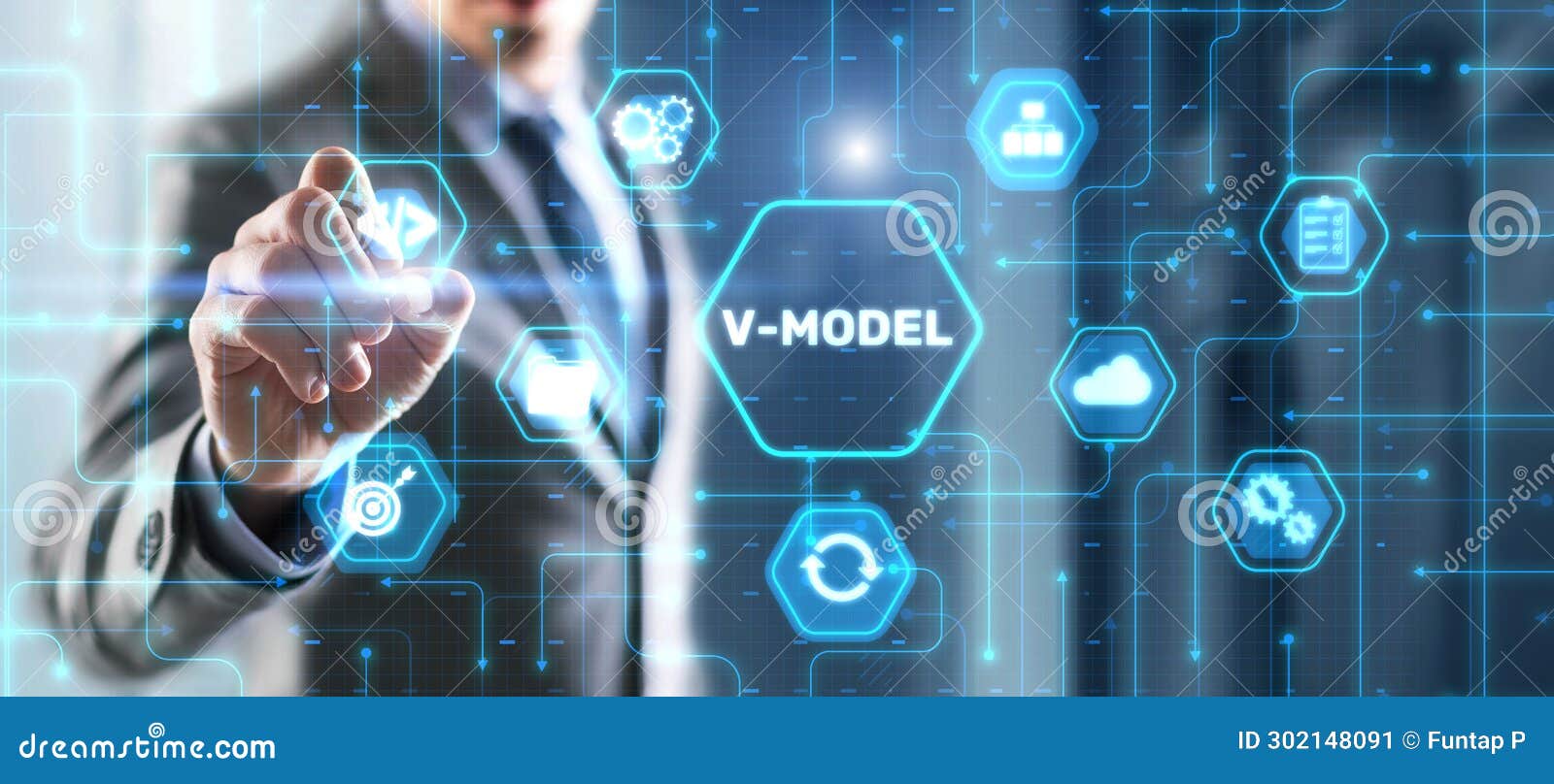 Businessman Clicks V-Model, VEE. Information Systems Development Model ...