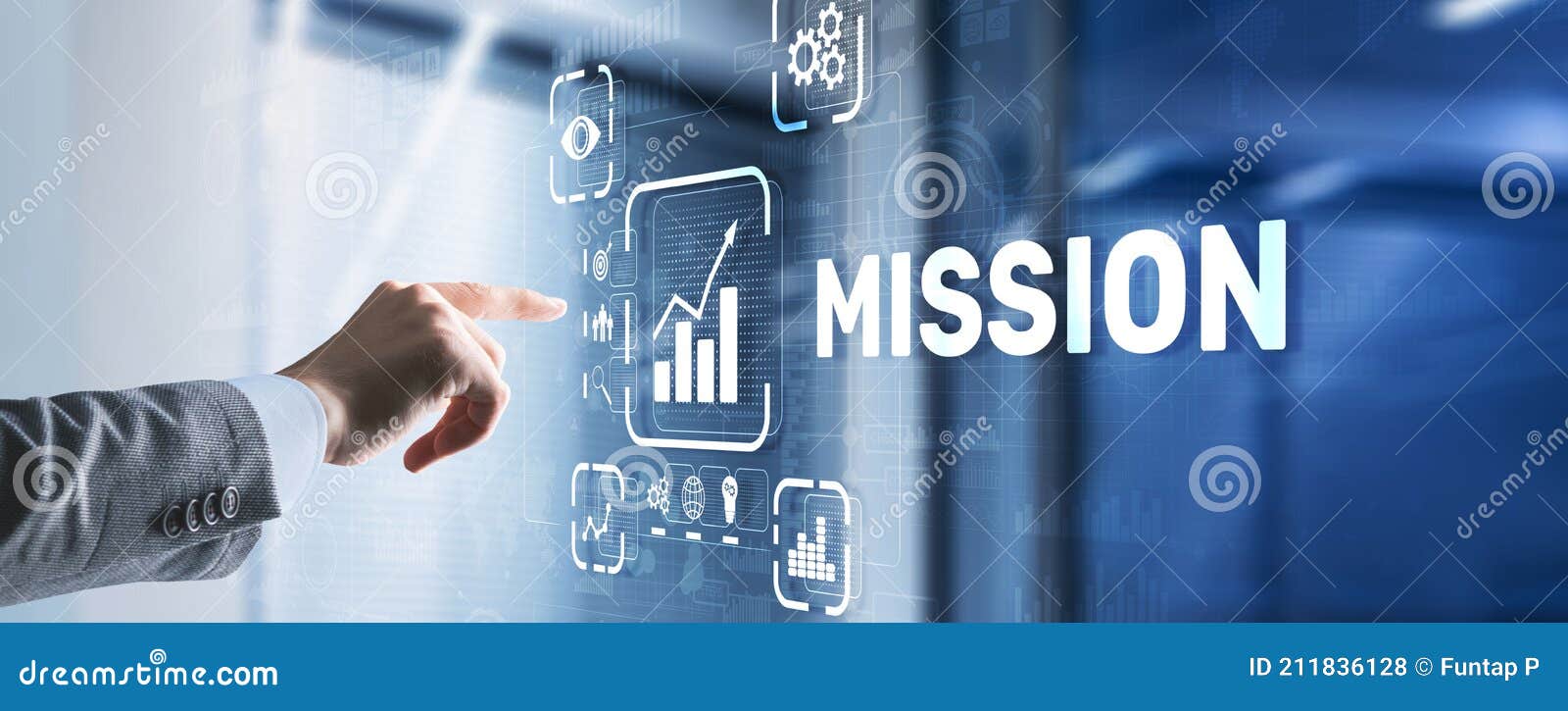 Businessman Clicks on Virtual Screen Mission Stock Photo - Image of ...