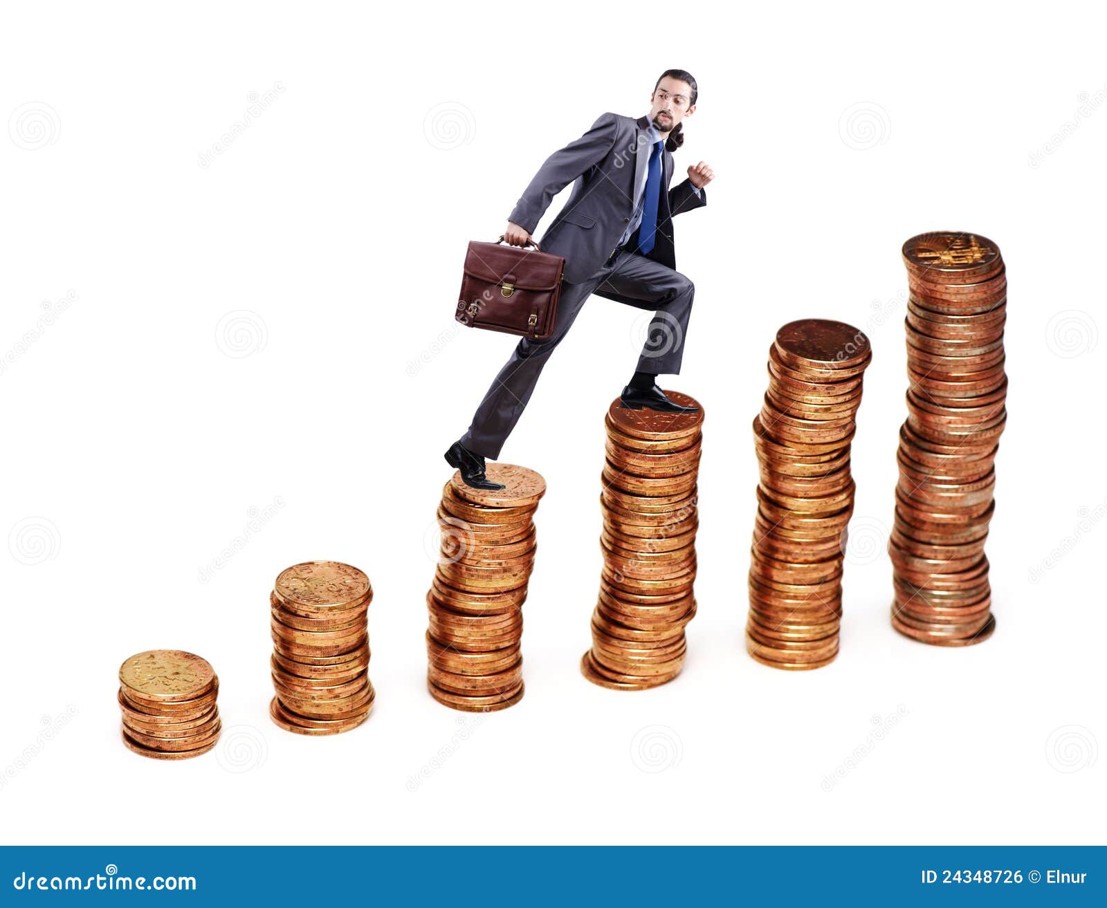 Businessman Climbing Coins Stacks Stock Photo - Image of isolated, bank ...