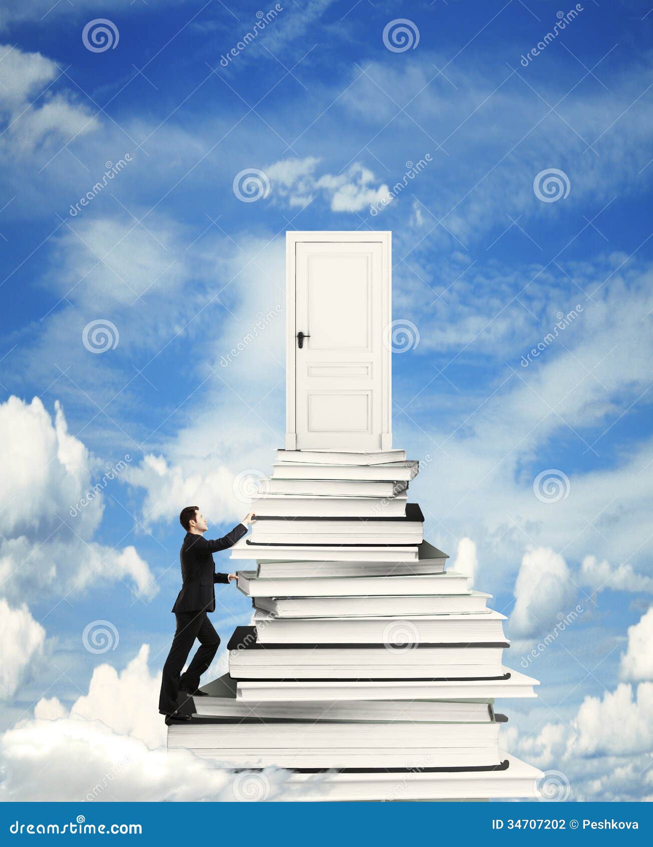 Businessman Climbing on Stack of Books Stock Photo - Image of bookstore ...