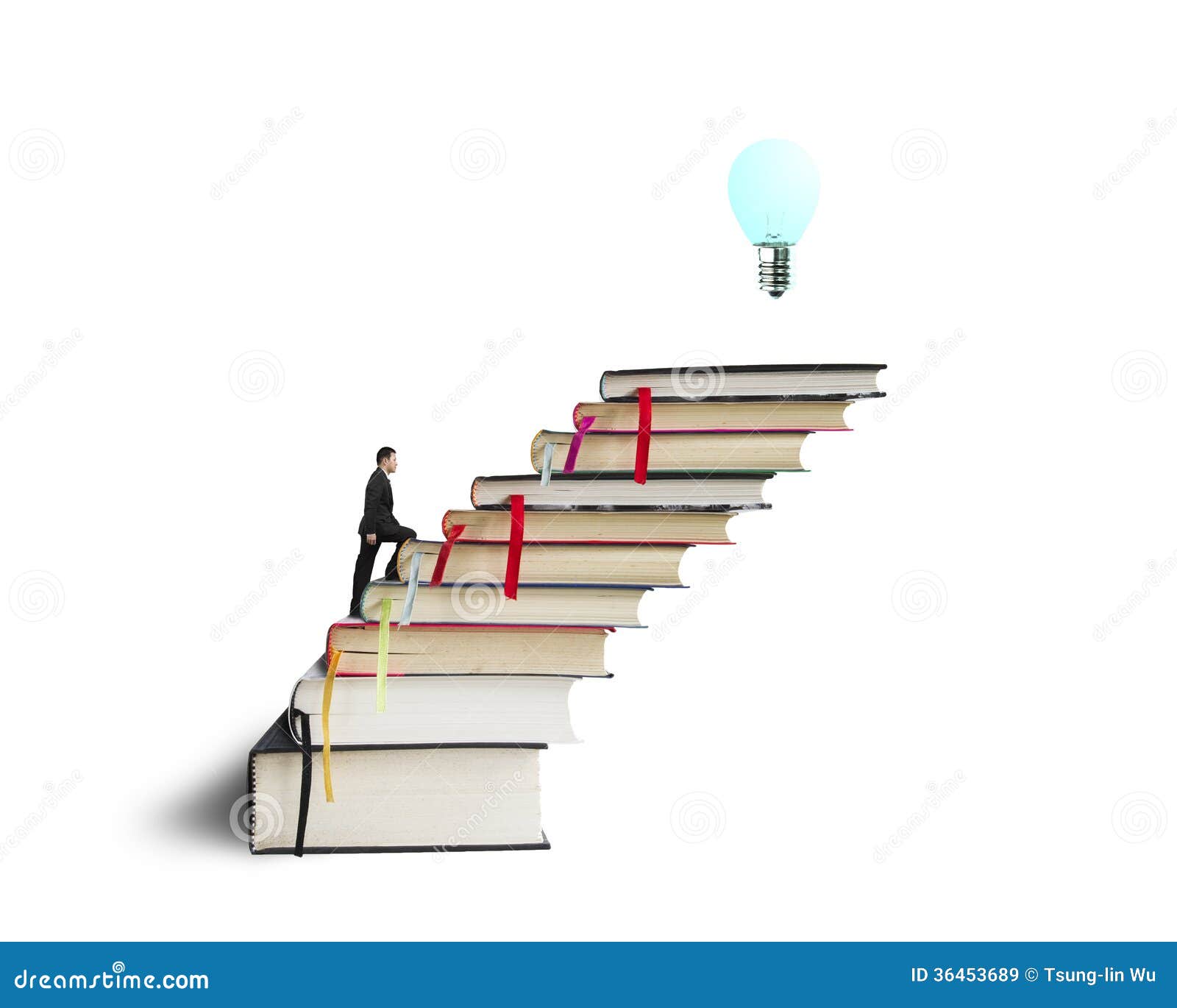 Businessman Climbing on Stack of Books with Growing Bulb Stock ...