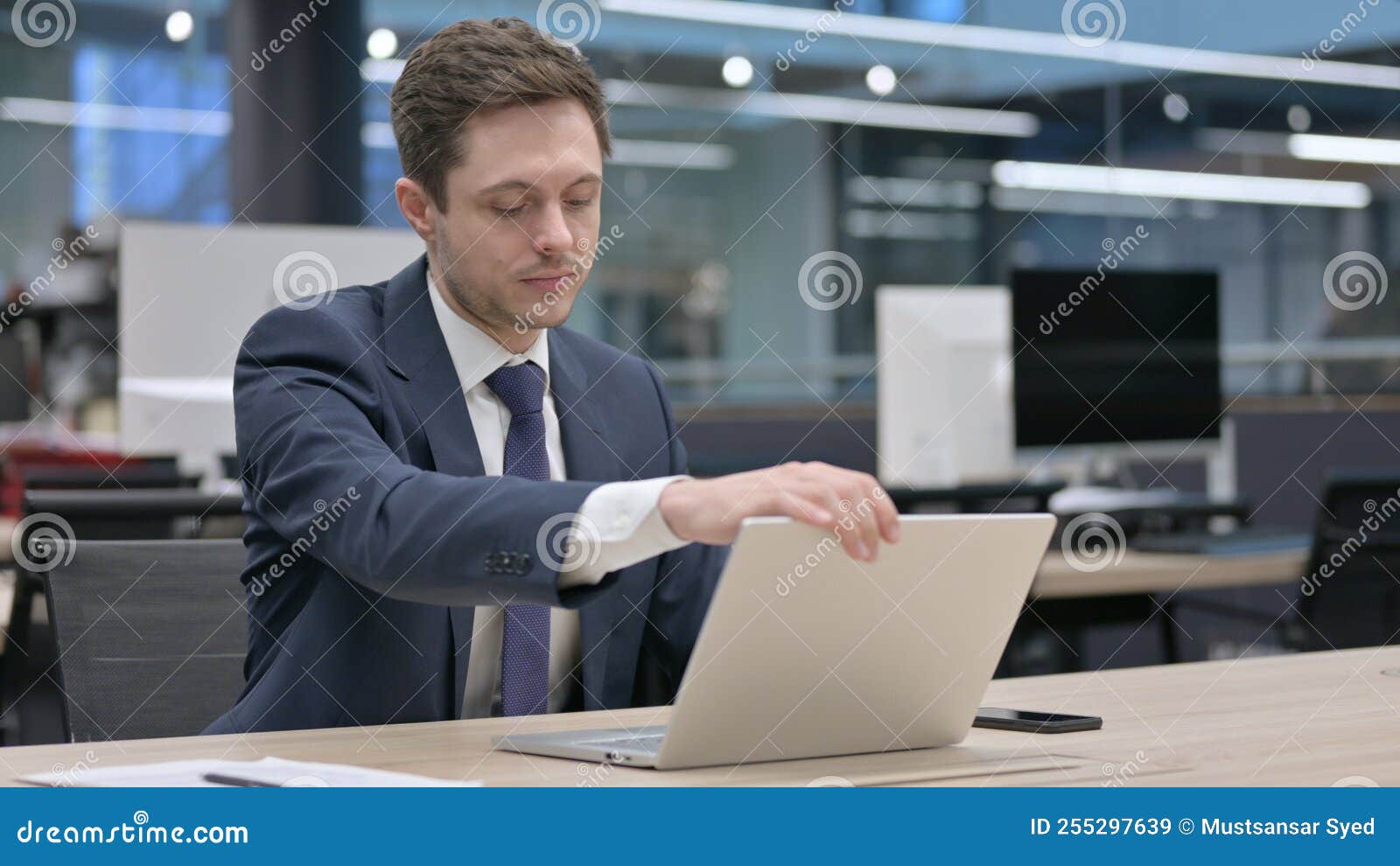 Businessman Closing Laptop Standing Up, Going Away Stock Image - Image ...