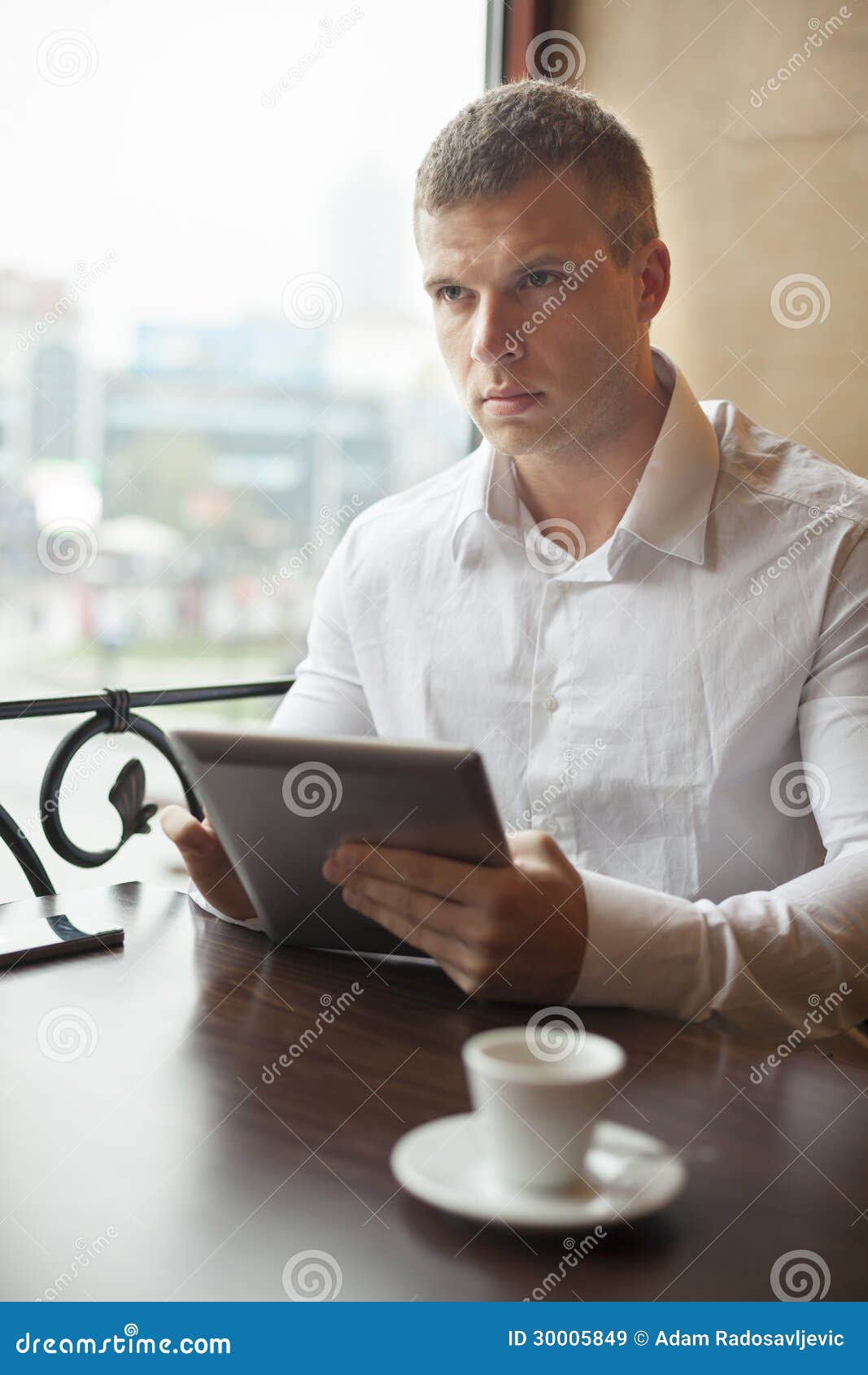 Sorious Man on Coffee Break in Restorant Stock Image - Image of ...