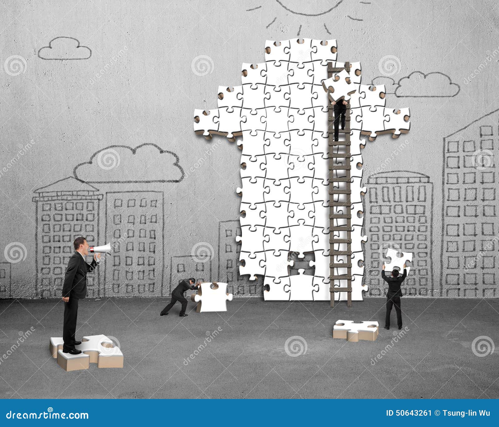 Businessman Commanding Workers To Build Arrow Jigsaw Puzzle with Stock ...