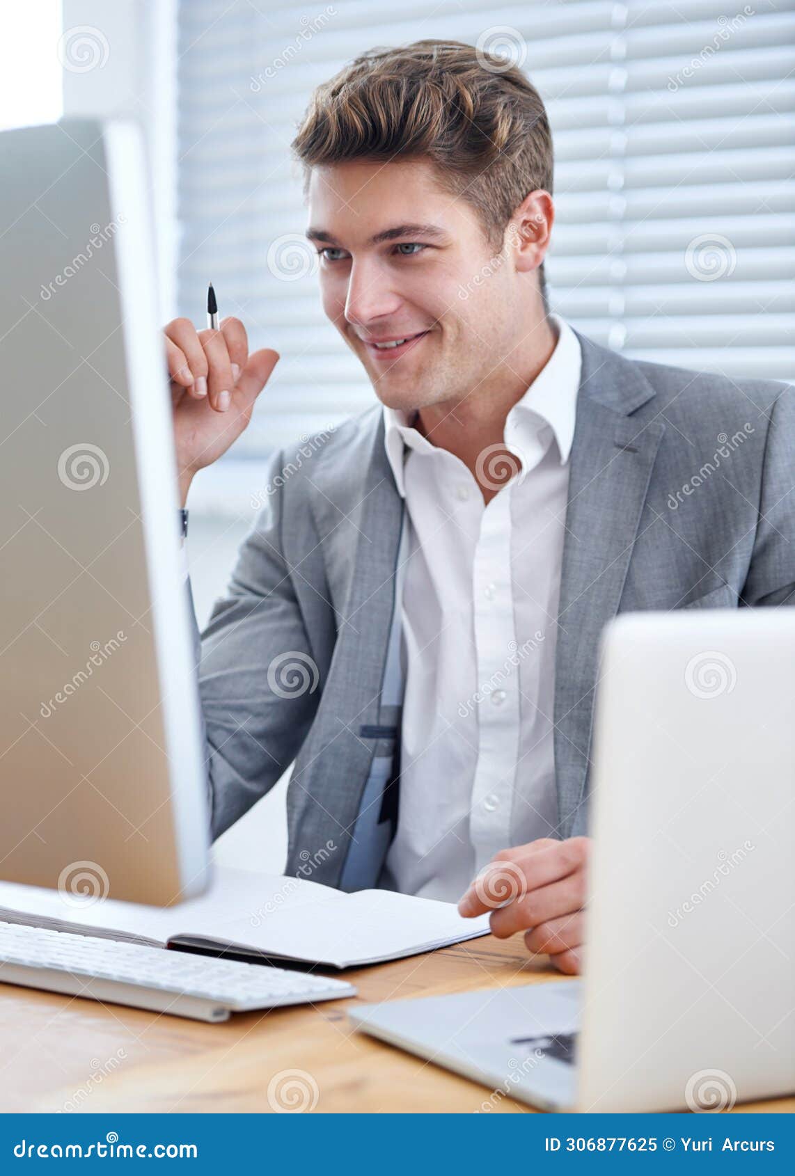 Businessman, Computer and Notebook with Office, Workspace and ...