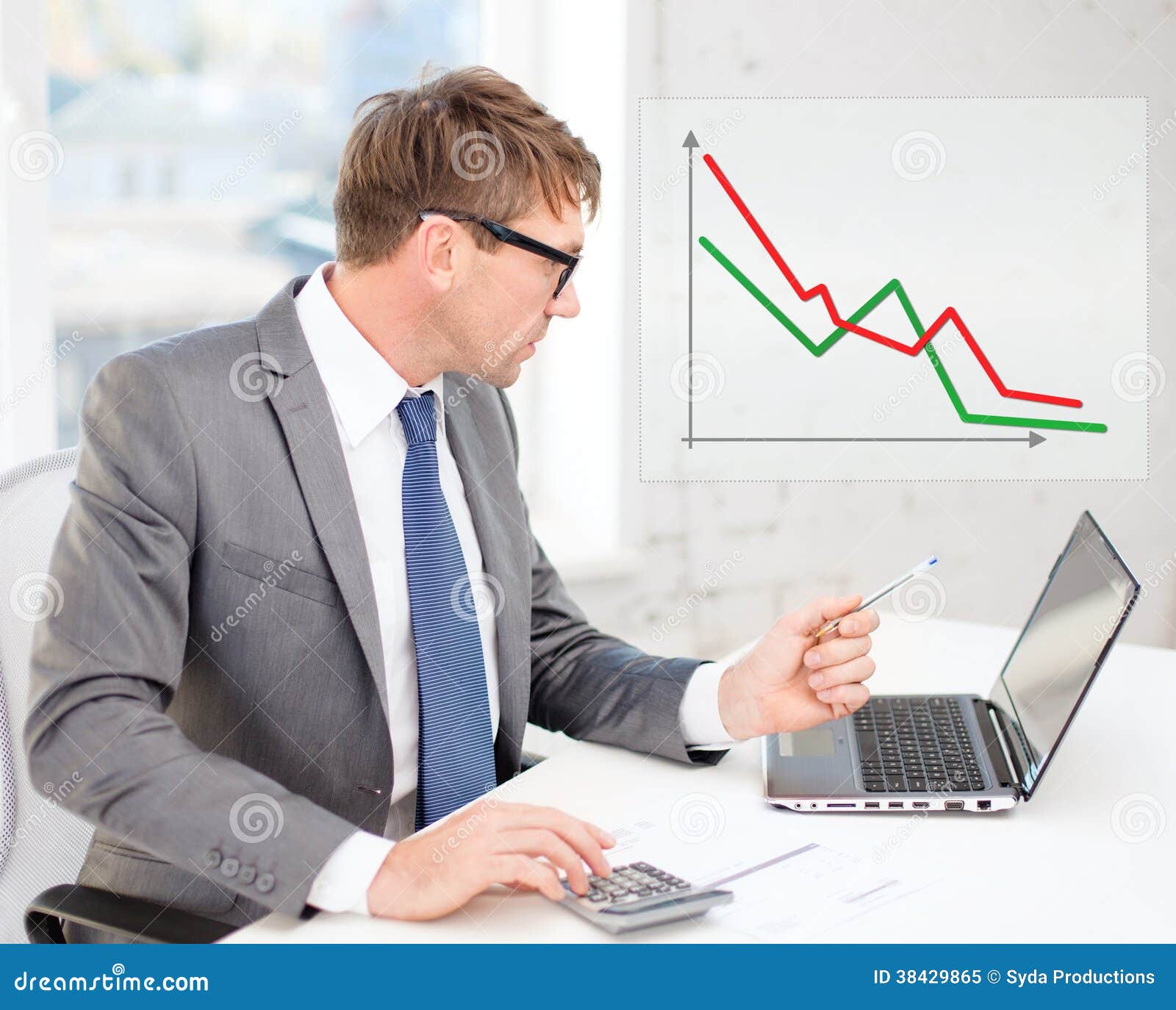 Businessman with Computer, Papers and Calculator Stock Image - Image of ...