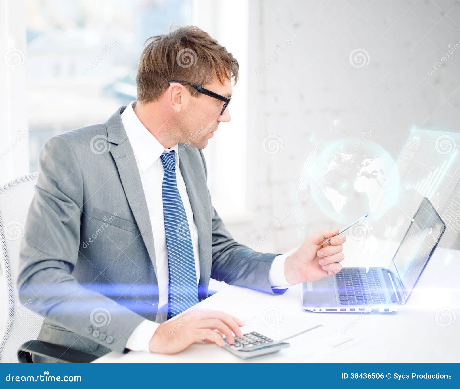 Businessman with Computer, Papers and Calculator Stock Photo - Image of ...