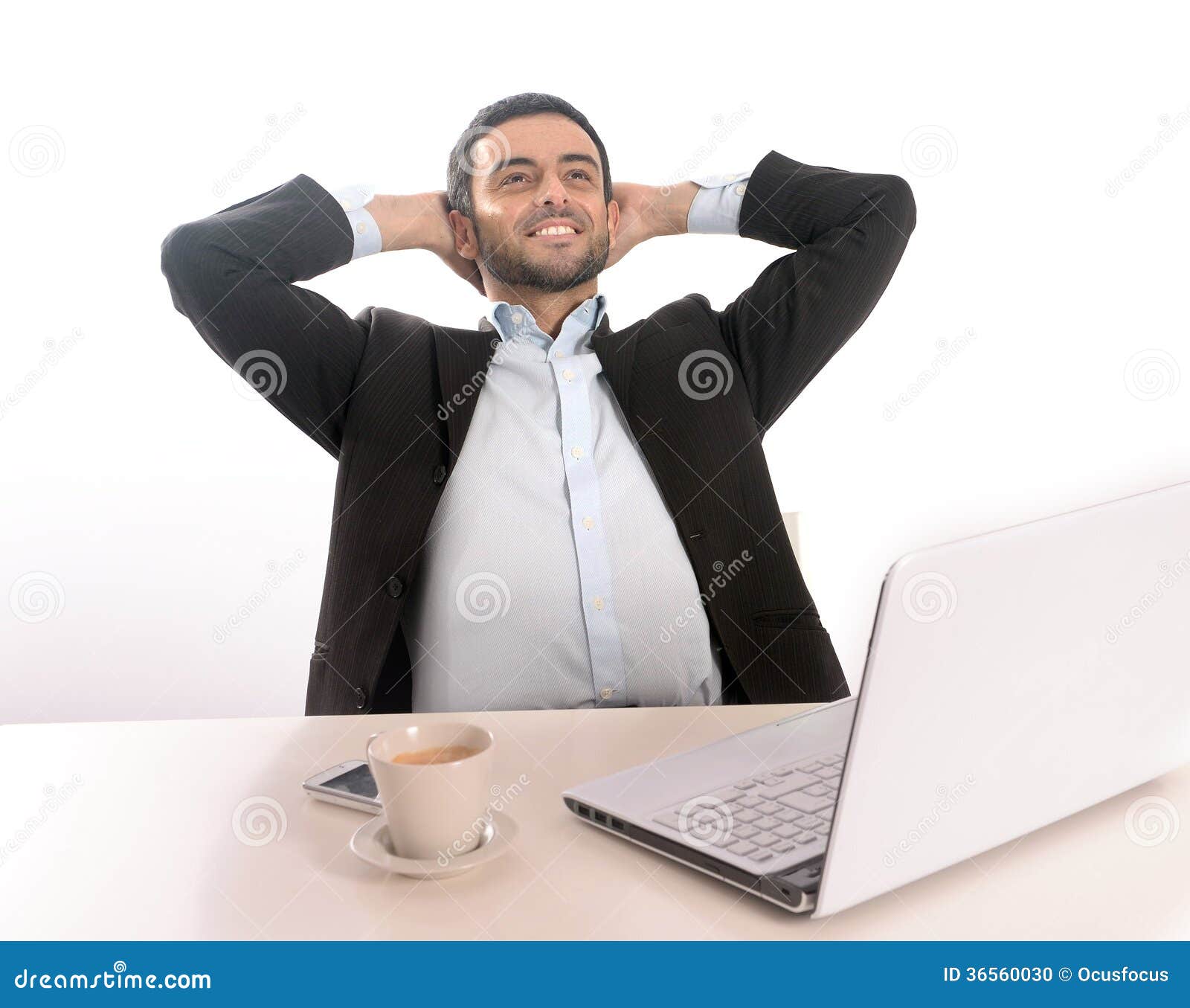Businessman with Computer Relaxed and Happy Stock Photo - Image of ...