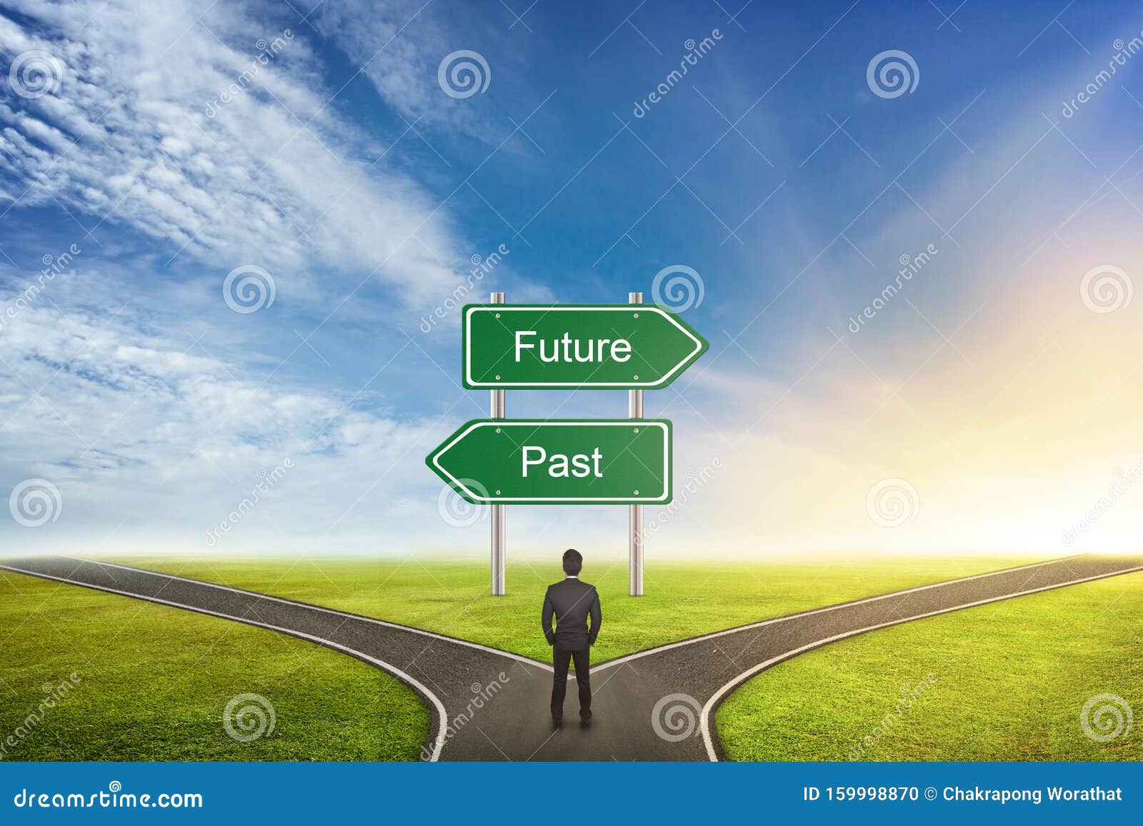 Businessman Concept of Choose the Correct Way. between Past or Future ... Businessman Concept of Choose the Correct Way. between Past or Future ...