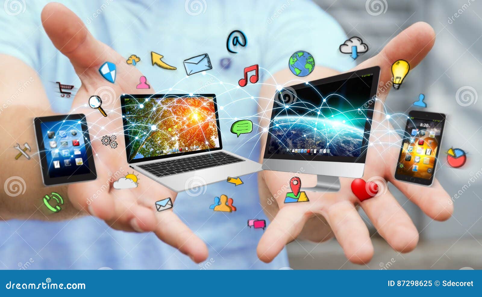 Businessman Connected Tech Devices and Icons Applications Stock ...