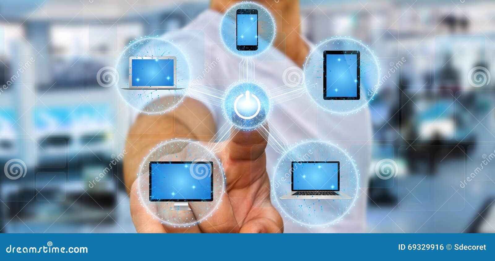 Businessman Connecting Tech Device with His Finger Stock Illustration ...