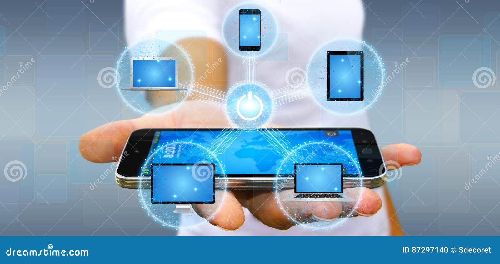 Businessman Connecting Tech Device with His Phone Stock Illustration ...