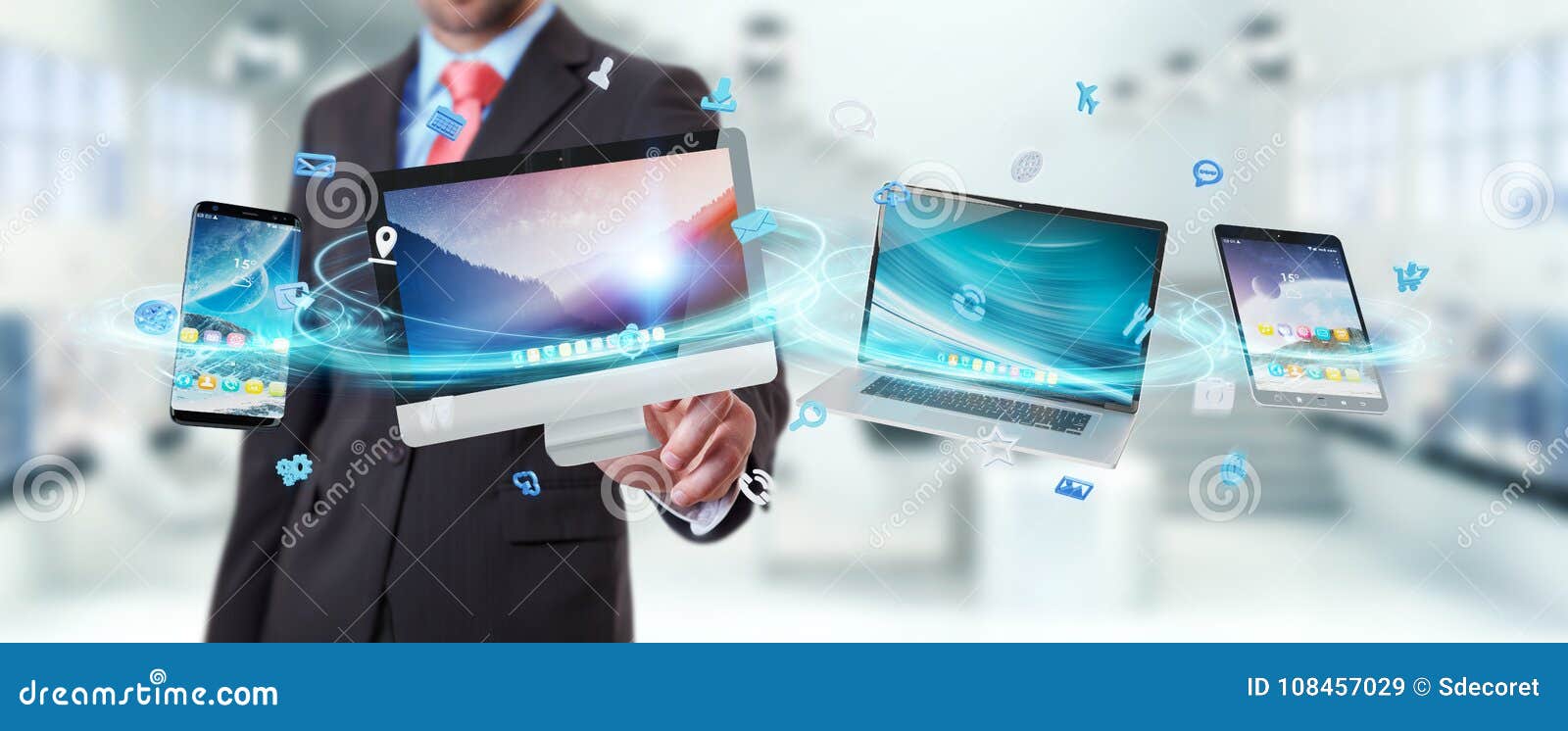 Businessman Connecting Tech Devices and Icons Applications 3D Re Stock ...
