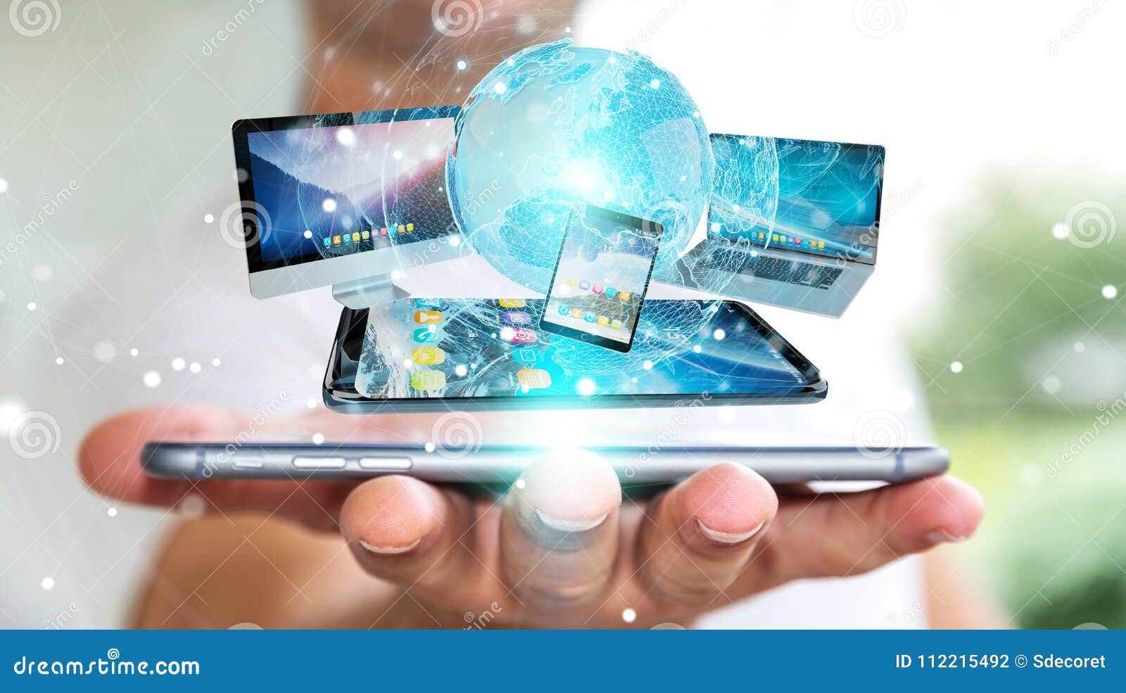 Businessman Connecting Tech Devices and Icons Applications 3D Re Stock ...