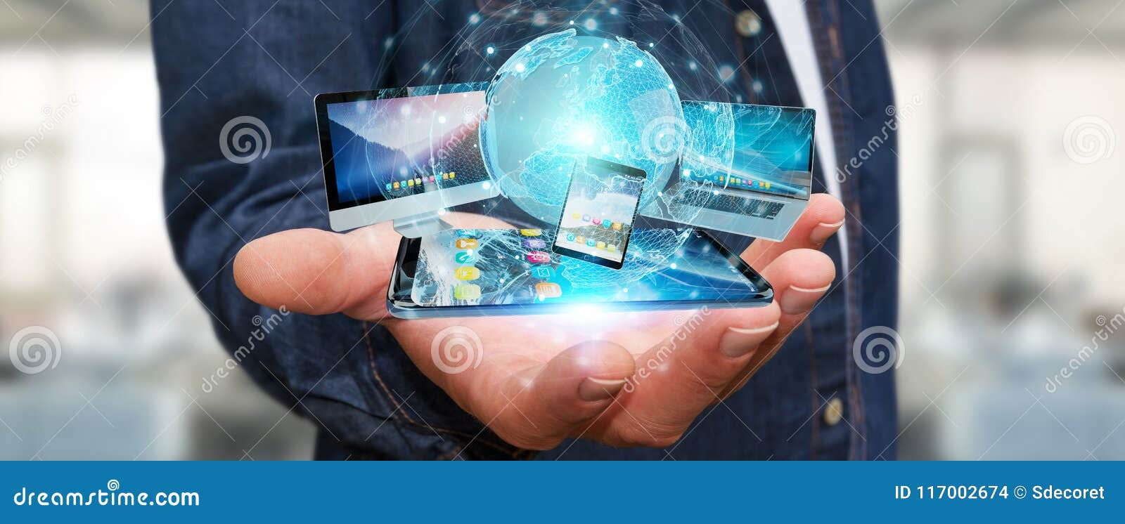 Businessman Connecting Tech Devices and Icons Applications 3D Re Stock ...