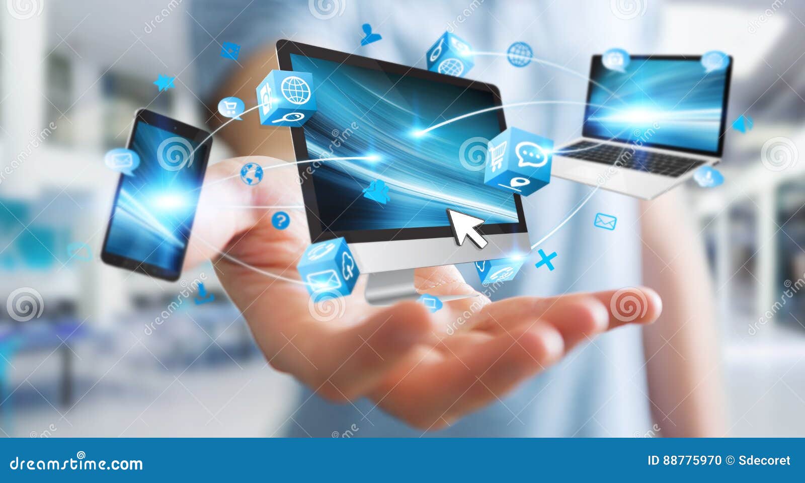 Businessman Connecting Tech Devices and Icons Applications 3D Re Stock ...