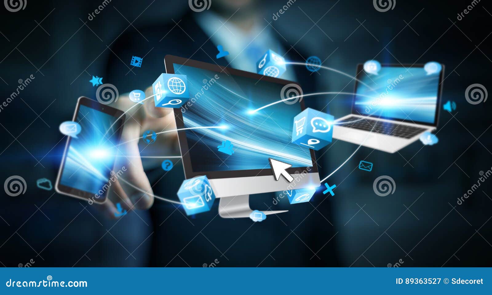 Businessman Connecting Tech Devices and Icons Applications 3D Re Stock ...