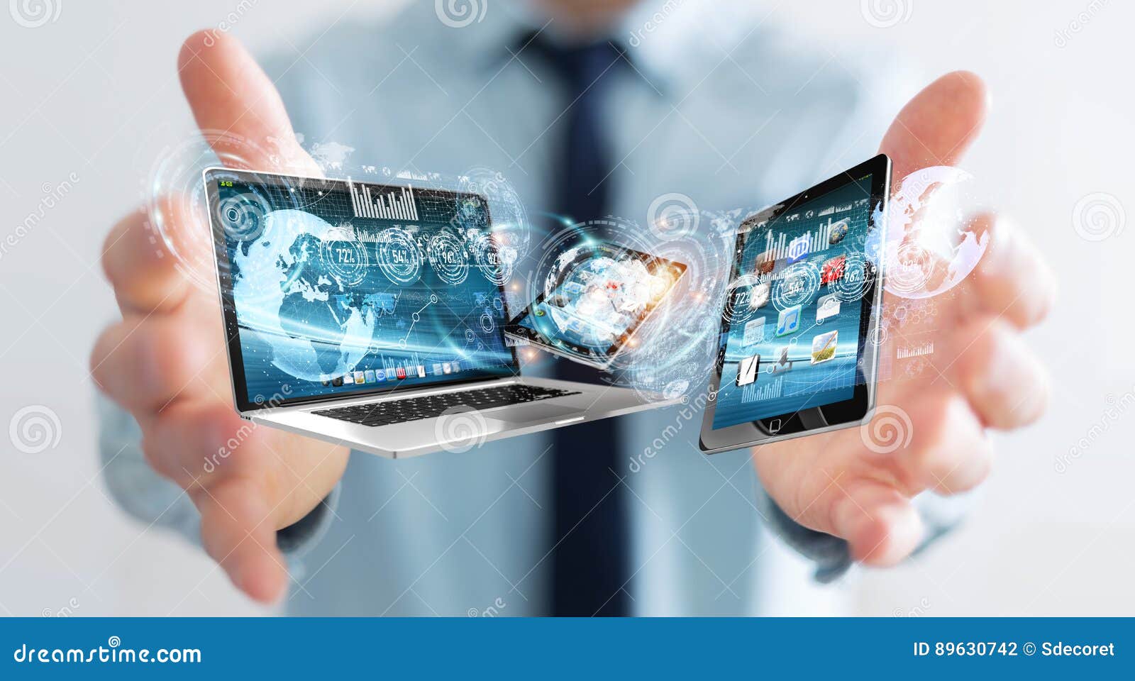 Businessman Connecting Tech Devices To Each Other 3D Rendering Stock ...