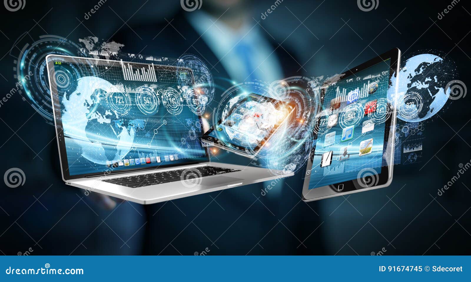 Businessman Connecting Tech Devices To Each Other 3D Rendering Stock ...