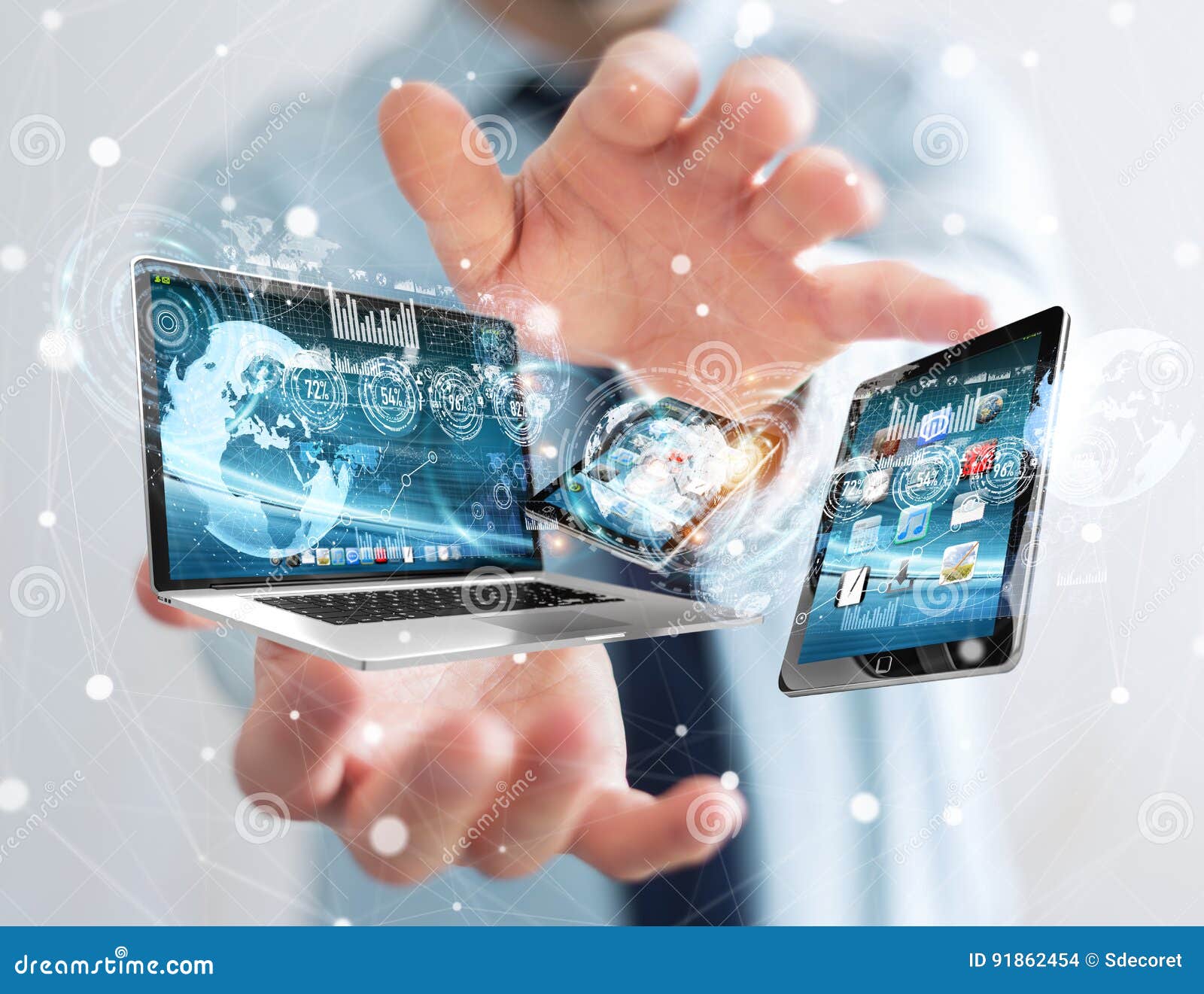 Businessman Connecting Tech Devices To Each Other 3D Rendering Stock ...