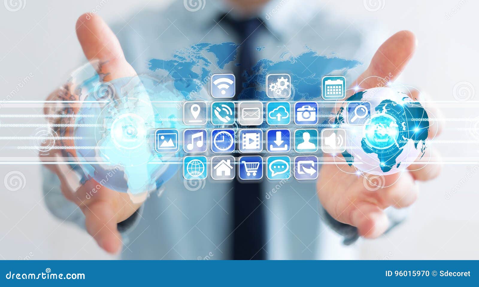 Businessman Connecting Worlds To Icons and Applications Software Stock ...