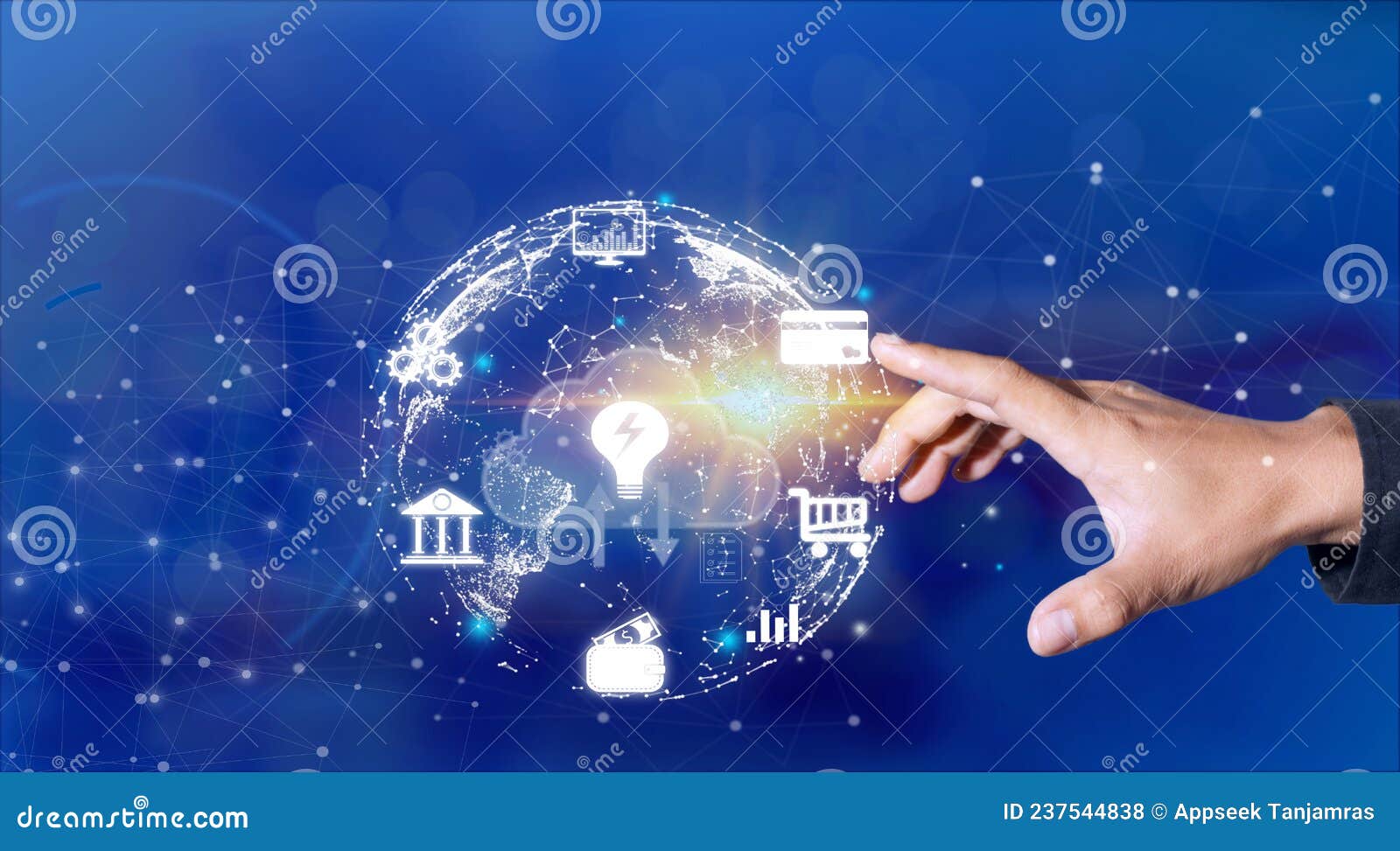 Businessman Creates a Virtual Icon Global Internet Connection Metaverse ...