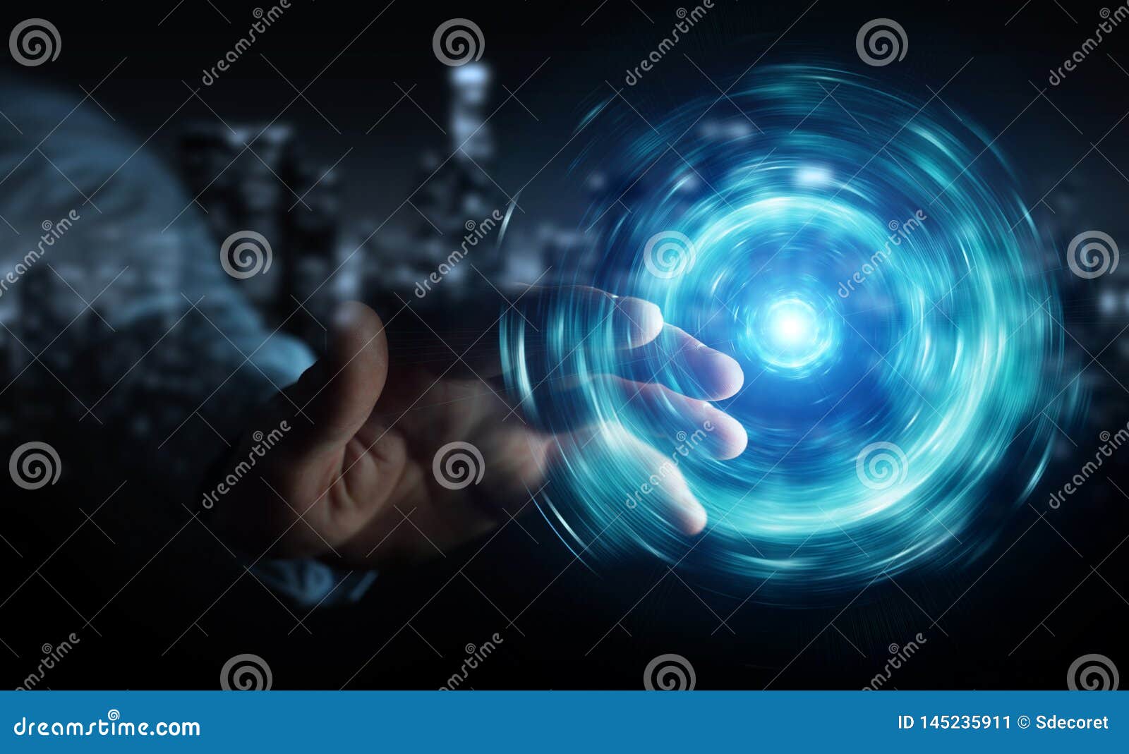 Businessman Creating New Futuristic Energy Power Source 3D Rendering ...